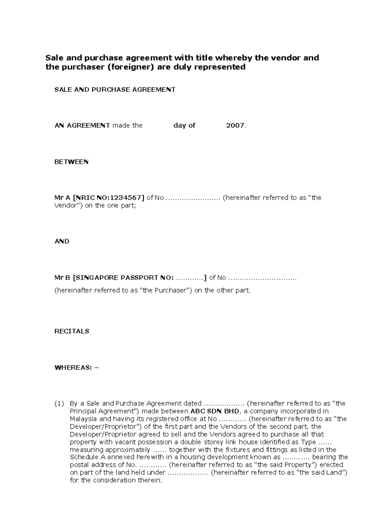 [¶27-001]Sale and purchase agreement with title whereby the - Sale and ...