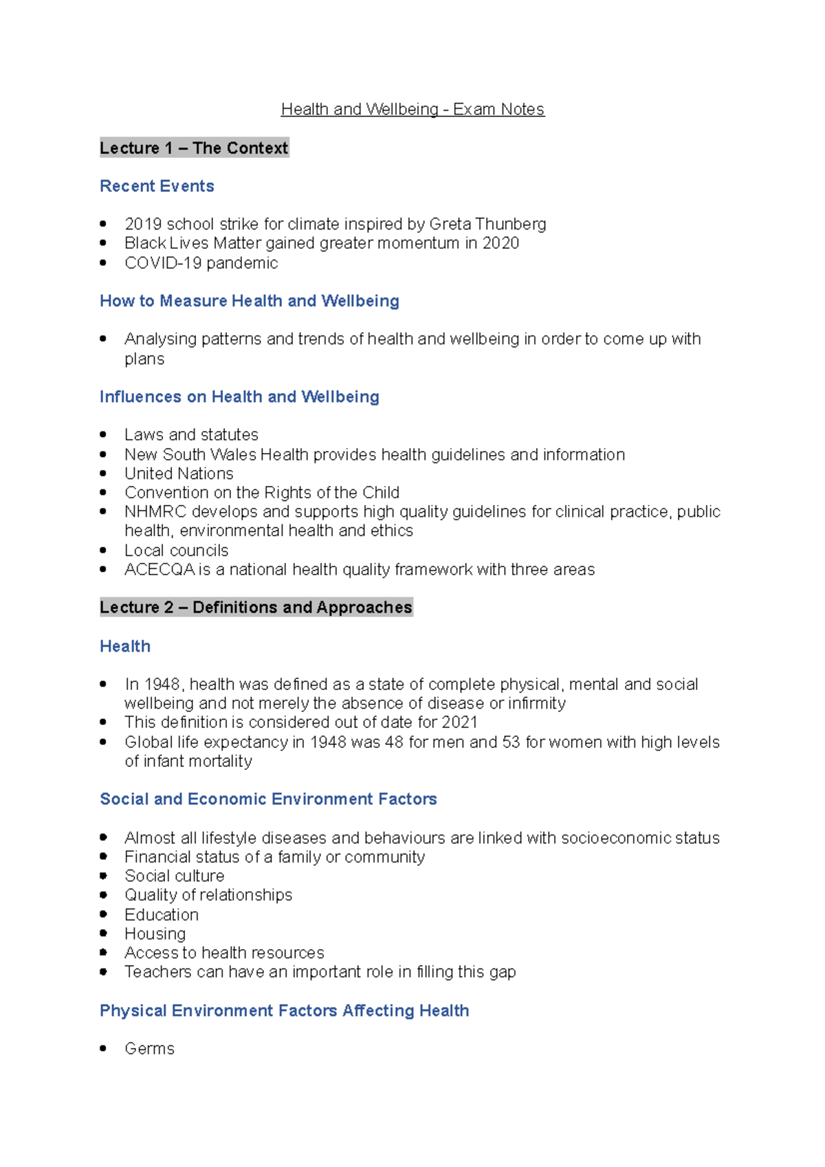 Health and Wellbeing Notes - ECHE1300 - MQ - Studocu