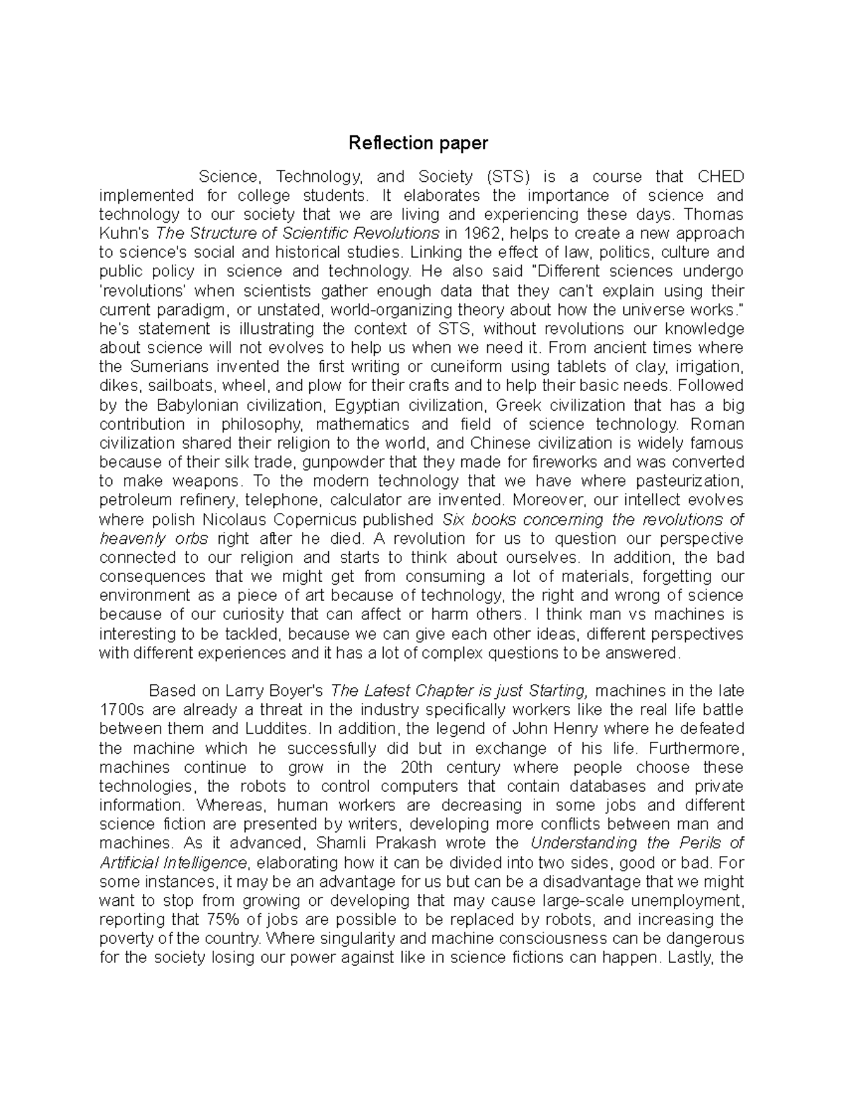 Reflection paper - Reflection paper Science, Technology, and Society ...
