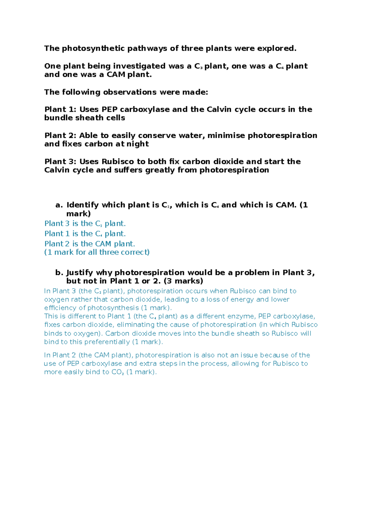 Samples question C3 C4 CAM Answers - The photosynthetic pathways of ...