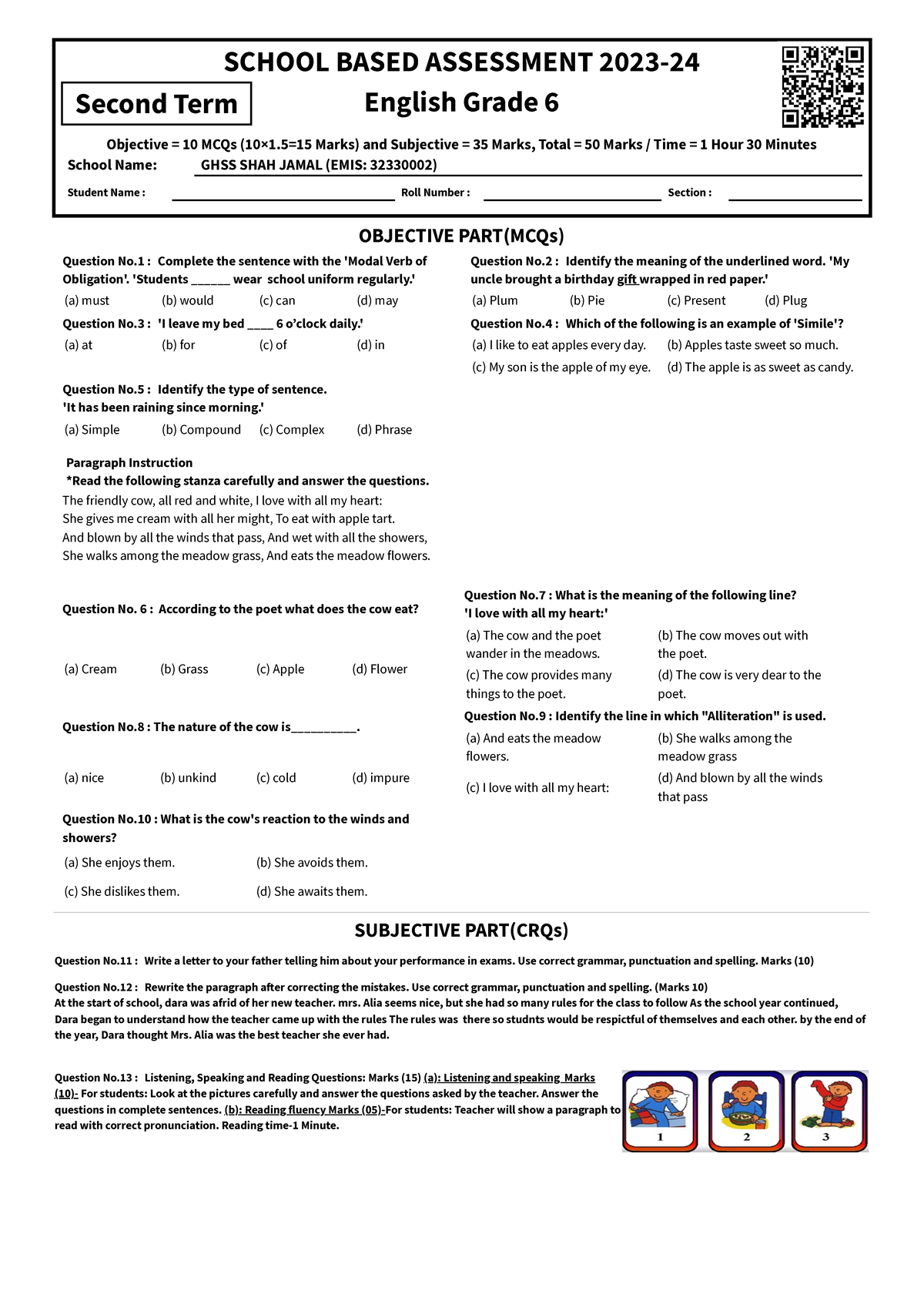 English 6th - OBJECTIVE PART(MCQs) Question No : Complete the sentence with the 'Modal Verb of ...