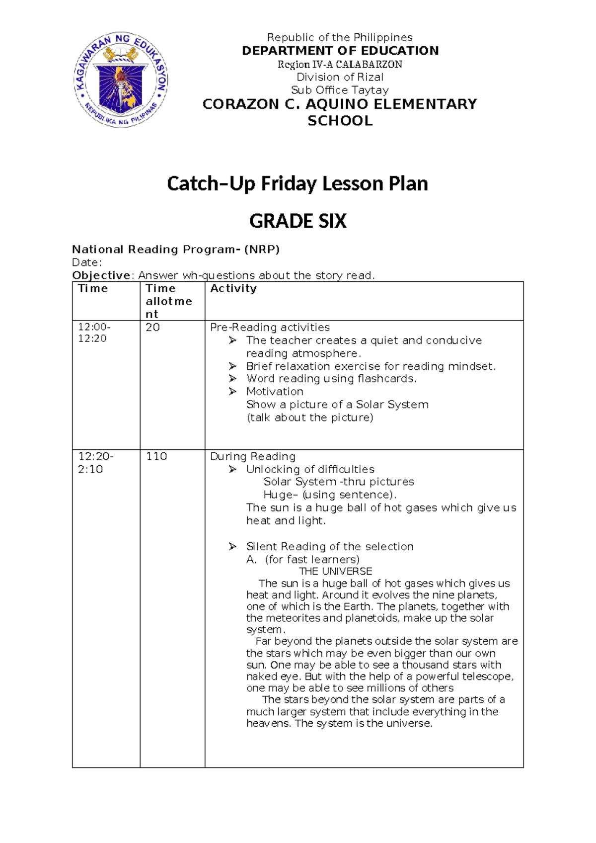 Catch Up Friday LP Edited 1 - Catch–Up Friday Lesson Plan GRADE SIX National Reading Program ...