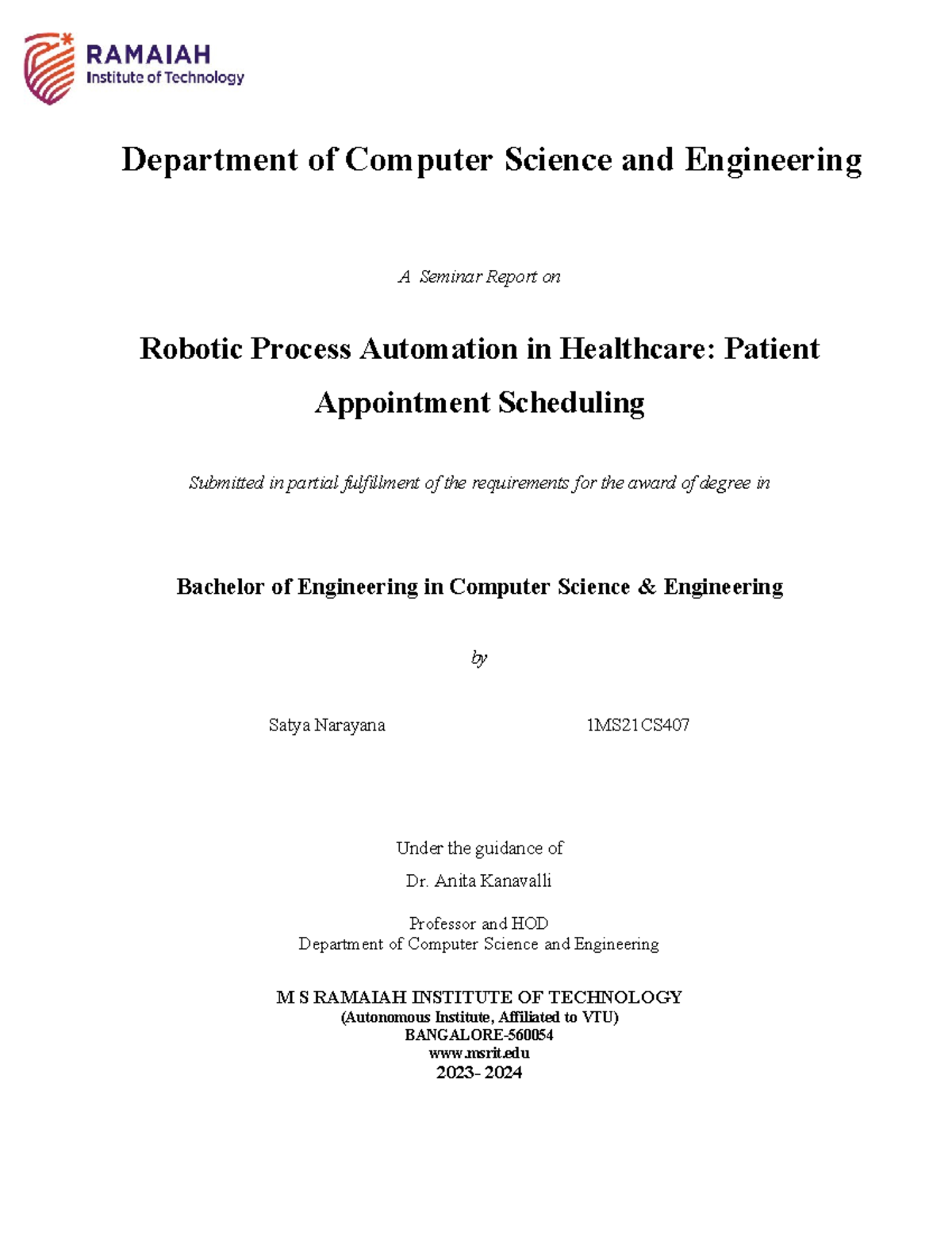 Satya seminar report - Scope of RPA in Healthcare - Department of Computer Science and ...