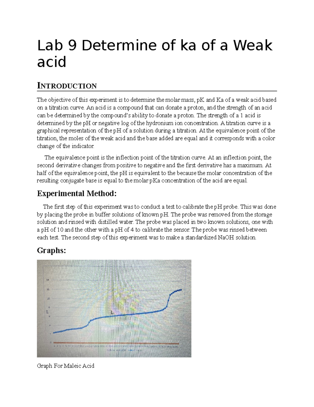 Lab 9 LAB Report - Lab 9 Determine of ka of a Weak acid INTRODUCTION The objective of this - Studocu