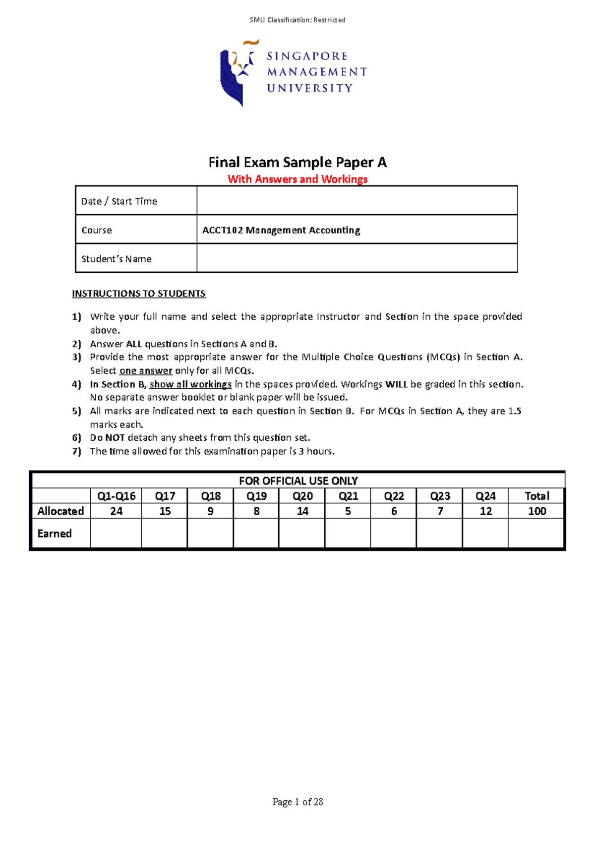 3A Final Exam Sample Paper A with Answers and Workings - ACCT102 - SMU ...