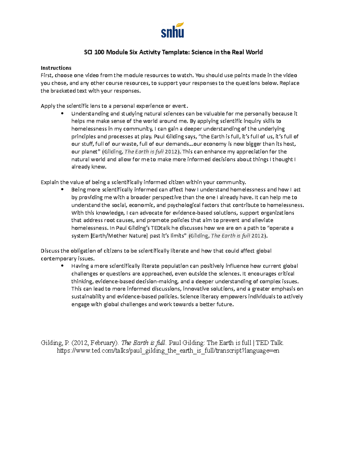 SCI 100 Module Six Activity Template - You should use points made in the video you chose, and ...