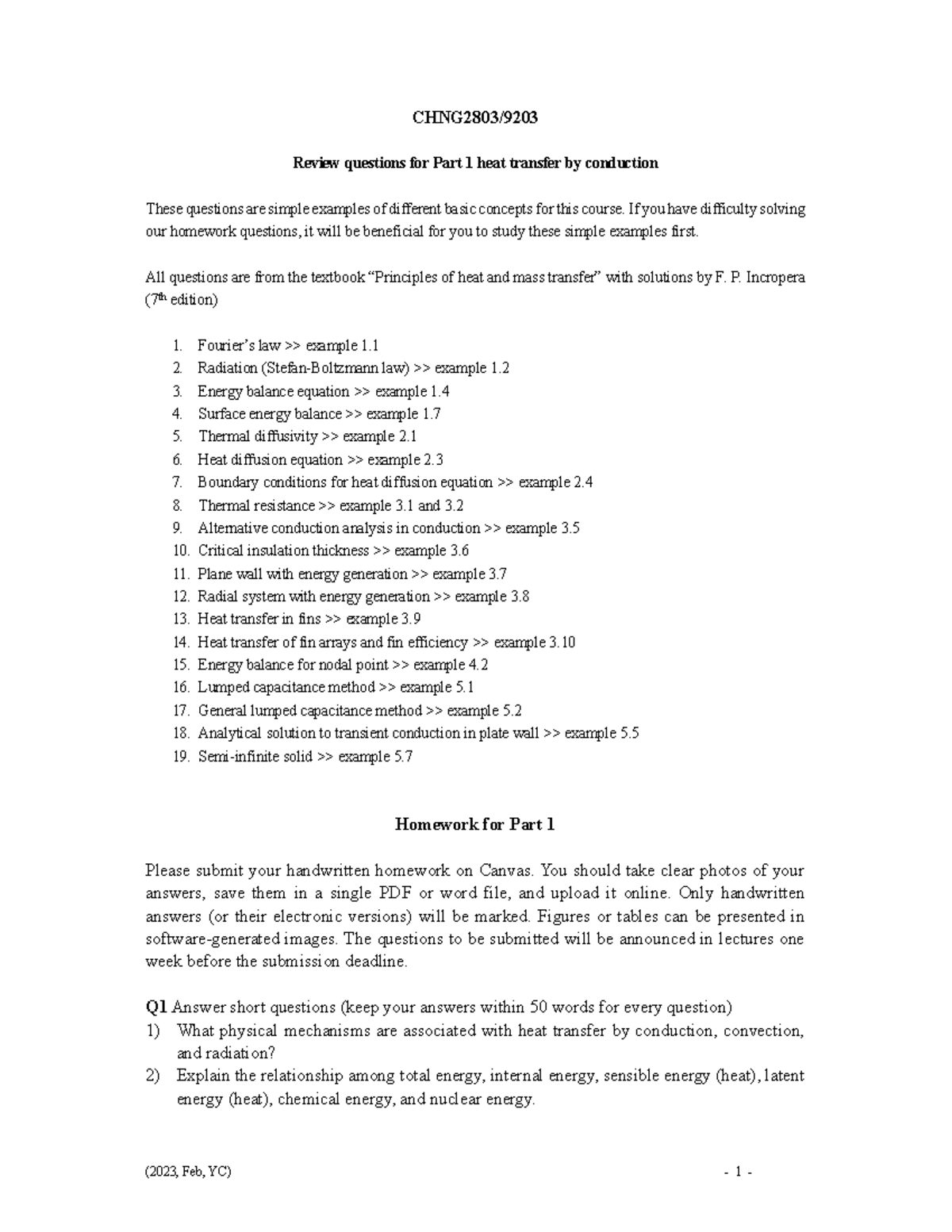 Homework Part 1 - Practice Questions on Conduction. - CHNG2803/ Review ...