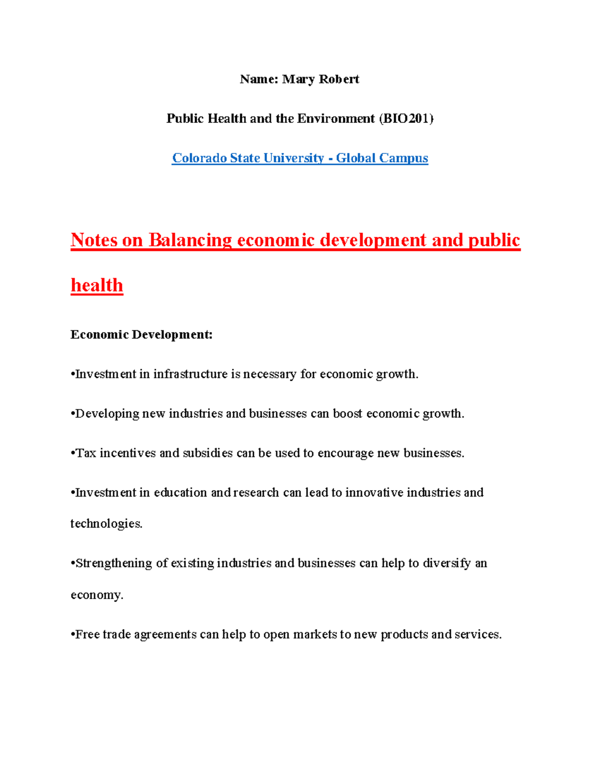 Balancing economic development and public health - Namе: Mary Robert ...