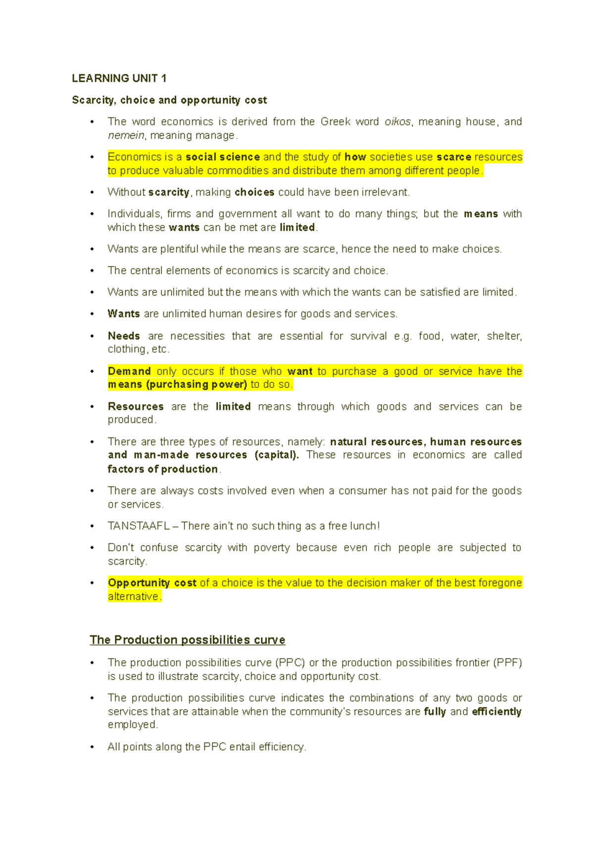 Learning UNIT 1 - ECONOMICS 1A - LEARNING UNIT 1 Scarcity, choice and ...