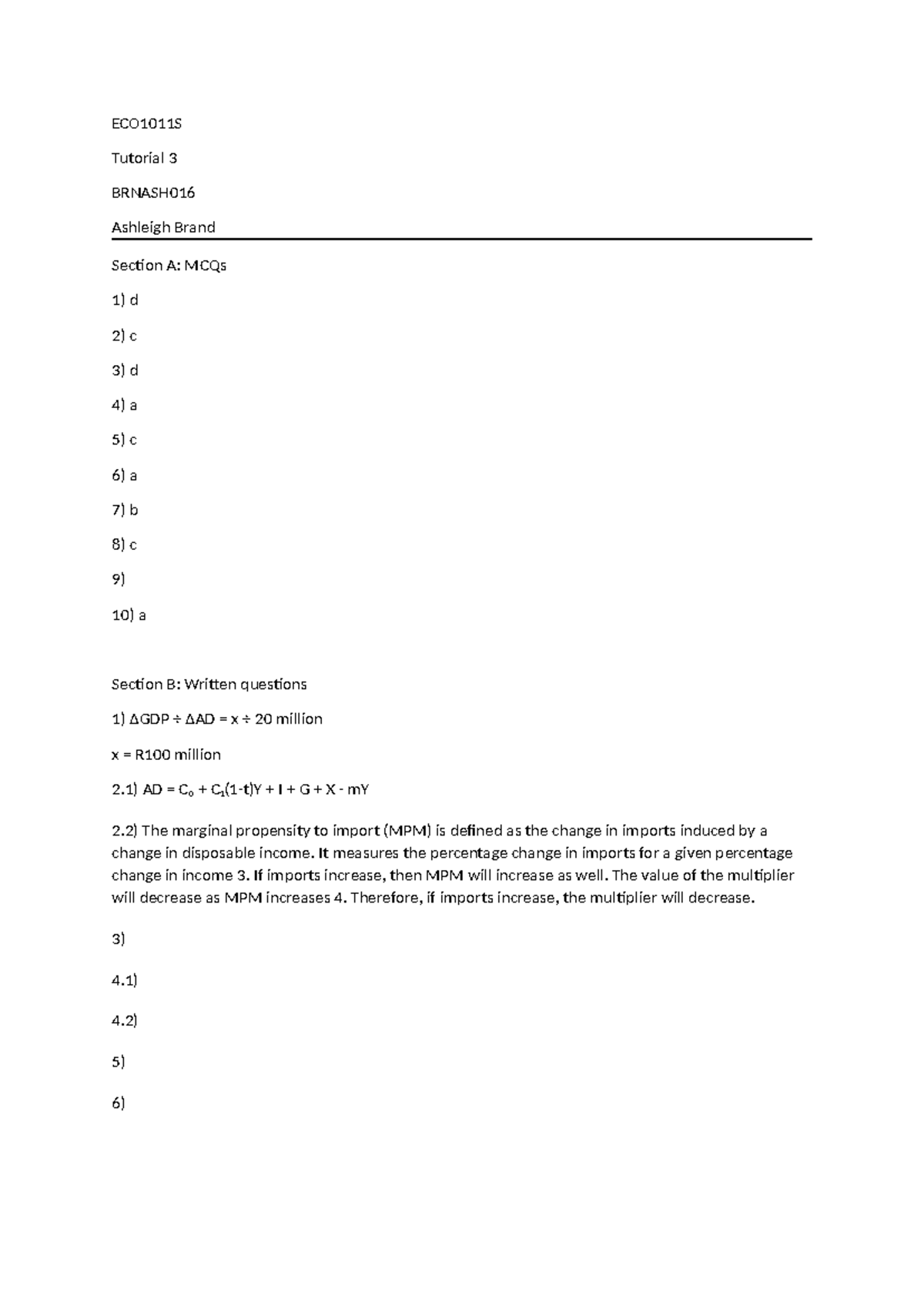 ECO1011S tut 3 - ECO1011S Tutorial 3 BRNASH Ashleigh Brand Section A ...