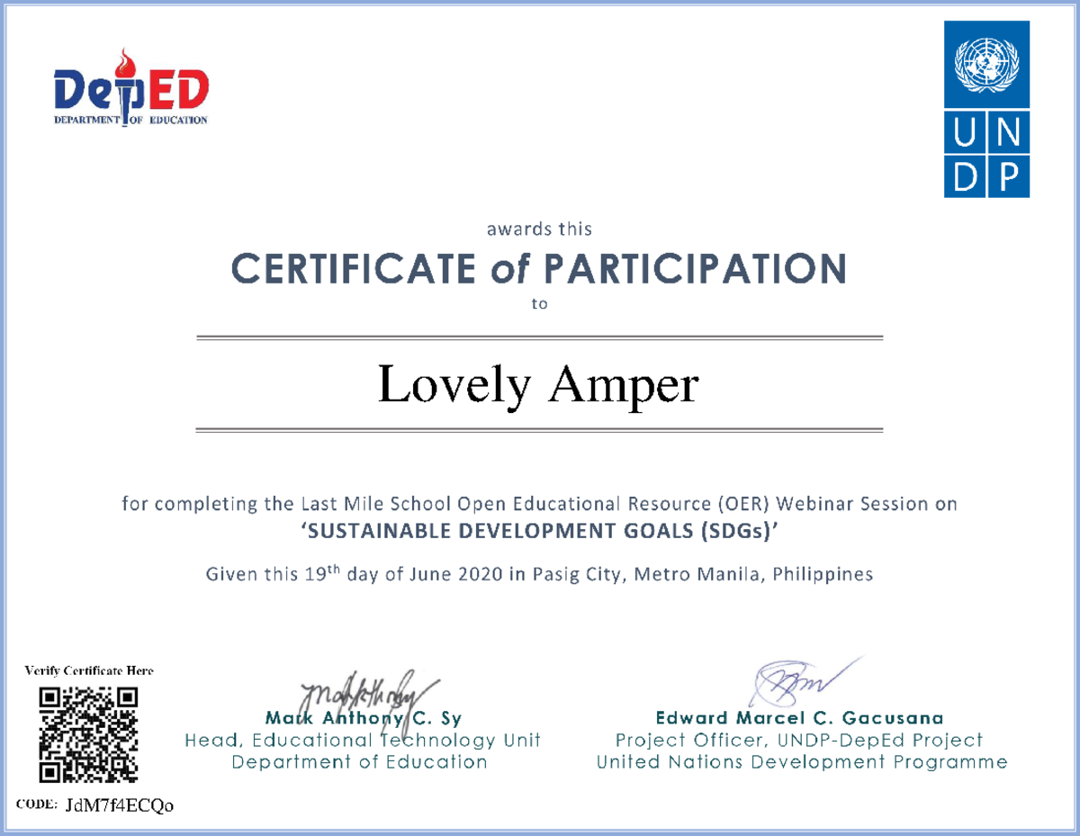 Sustainable Development Goals Certificate - DepED DEPARTMENT OF ...