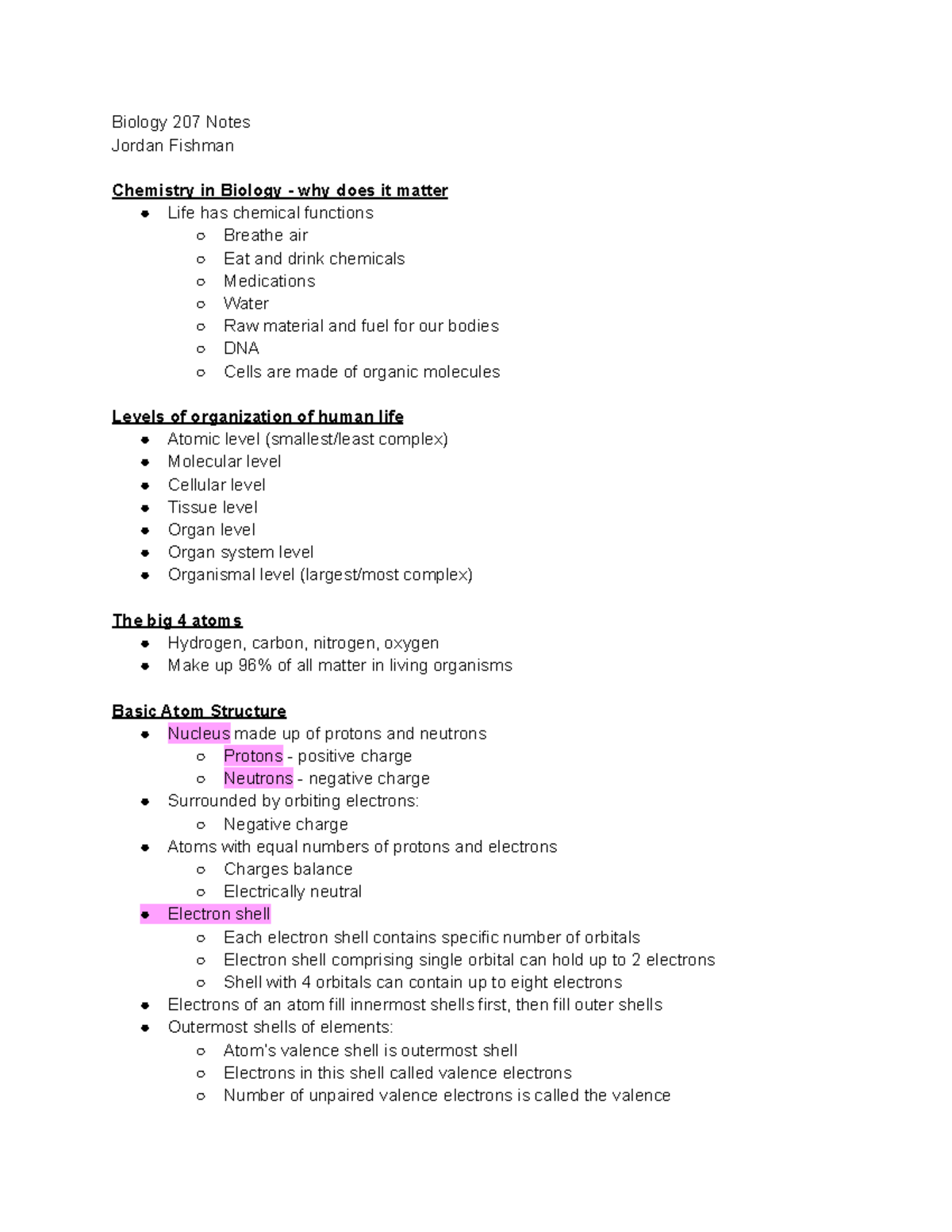 Biology 207 Notes - Biology 207 Notes Jordan Fishman Chemistry in ...