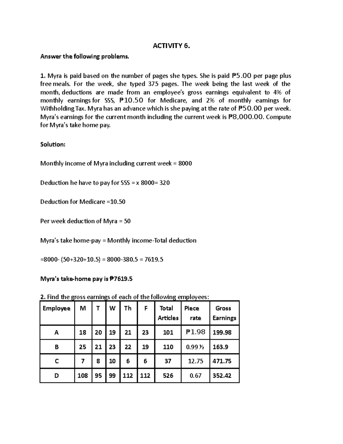 Activity 6 business math - ACTIVITY 6. Answer the following problems. 1 ...