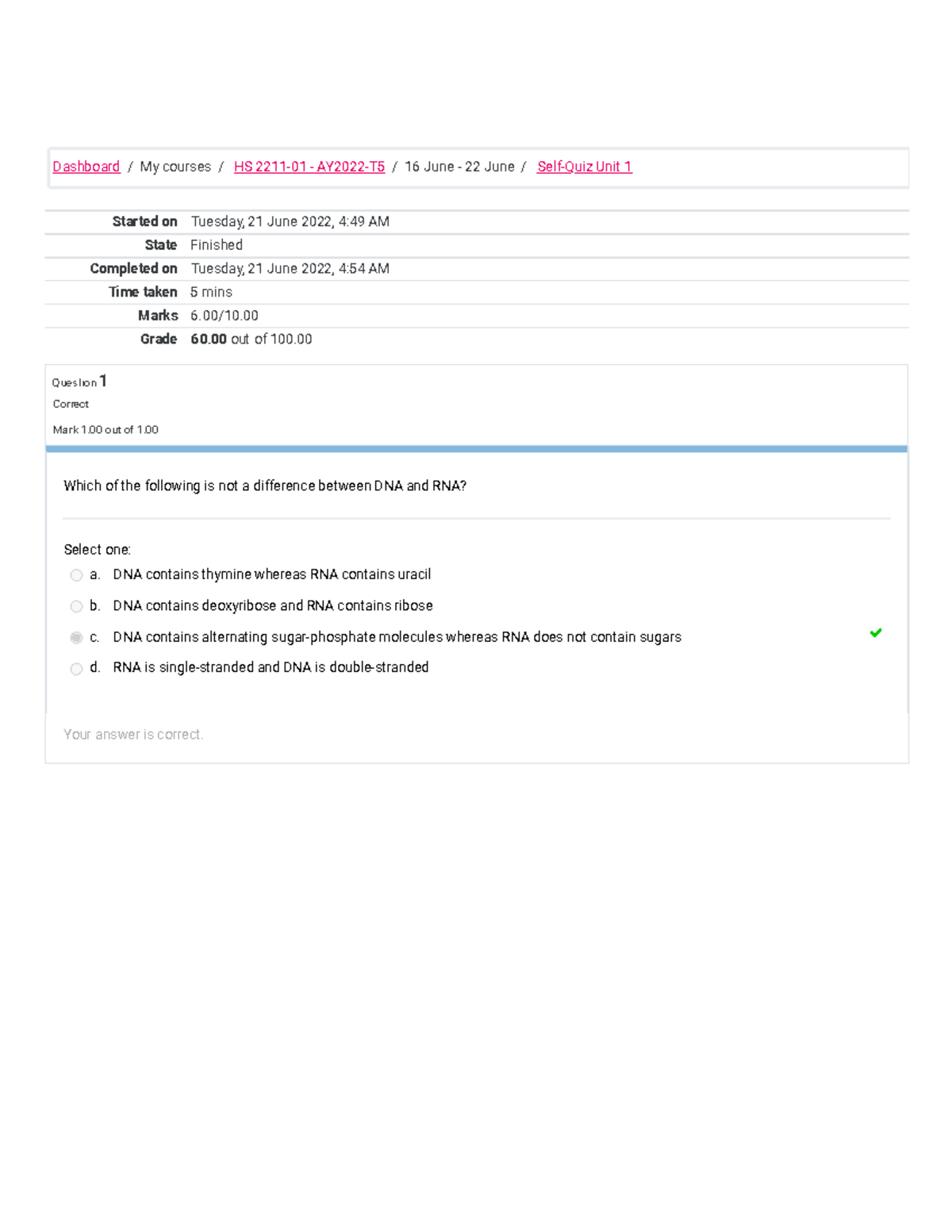 Self-Quiz Unit 1 Attempt review - Started on Tuesday, 21 June 2022, 4: ...