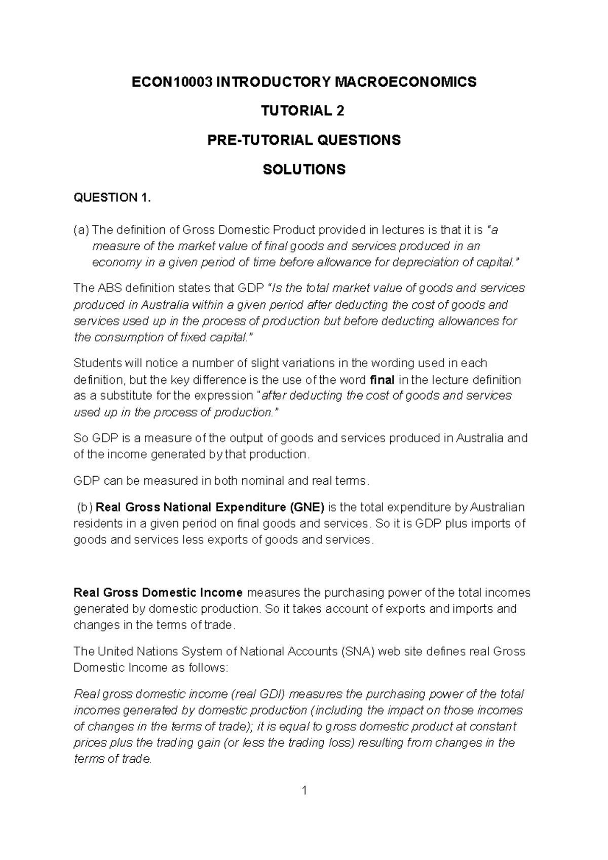 Pre-Tutorial Sheet 2 Solutions - INTRODUCTORY MACROECONOMICS TUTORIAL 2 ...