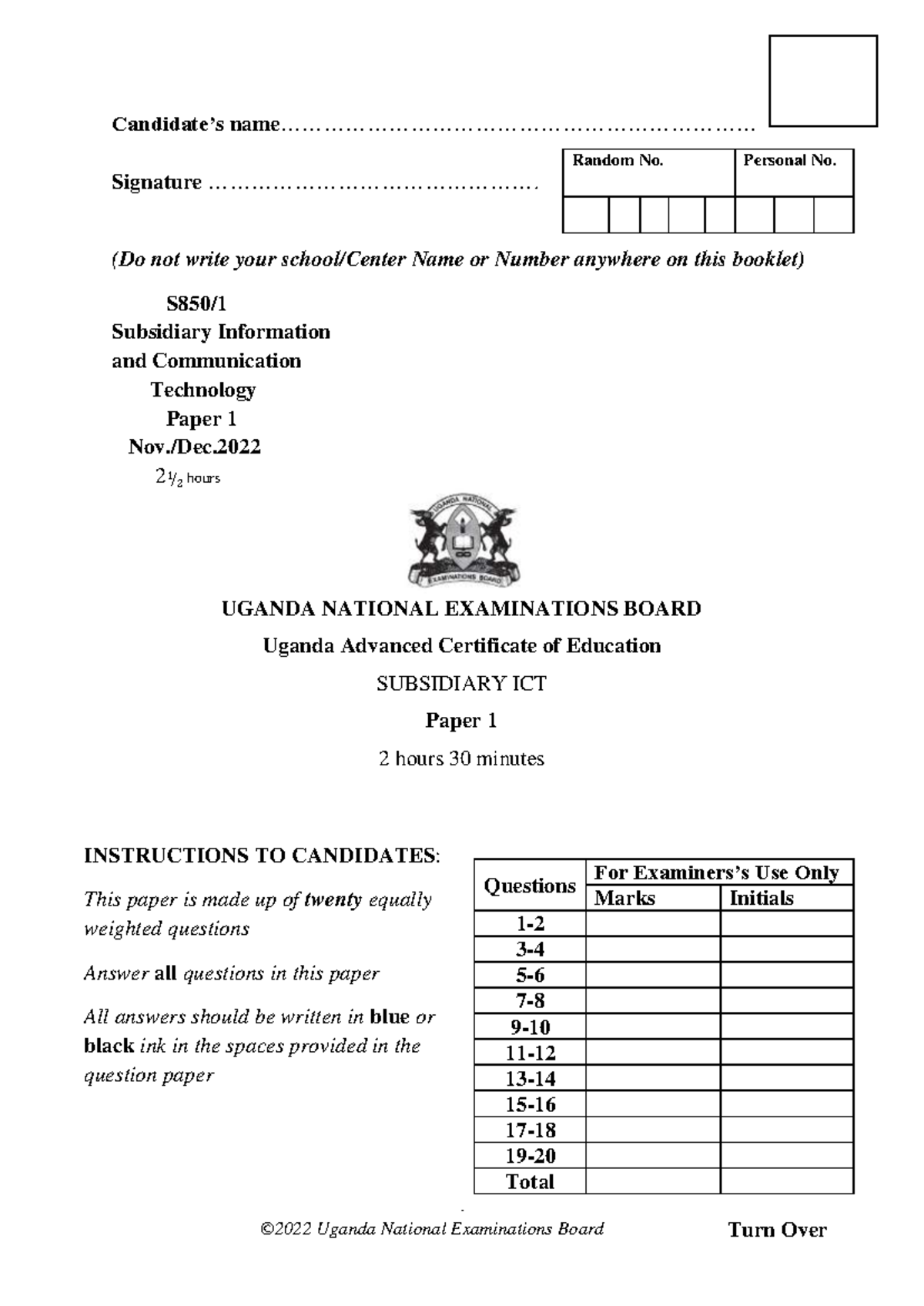 Subsidiary ICT S850-1 2022 - 1 Candidate’s - Studocu