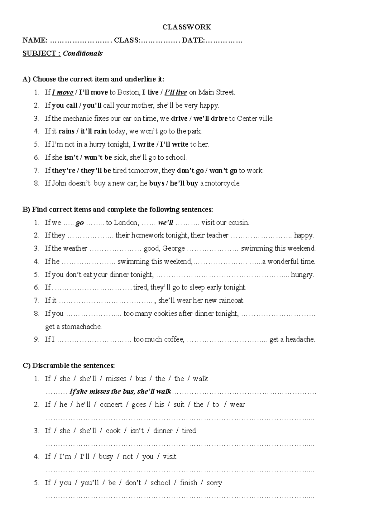 Real conditional exercises - CLASSWORK NAME ...