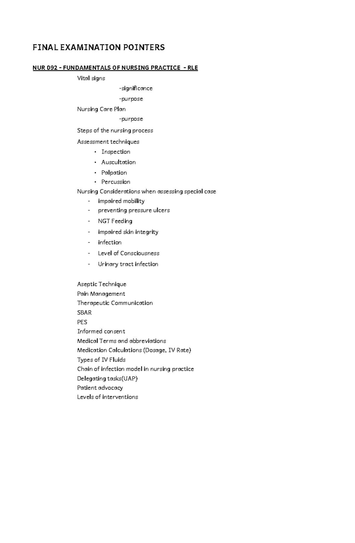 Pointers Final EXAM - FINAL EXAMINATION POINTERS NUR 092 - FUNDAMENTALS OF NURSING PRACTICE ...