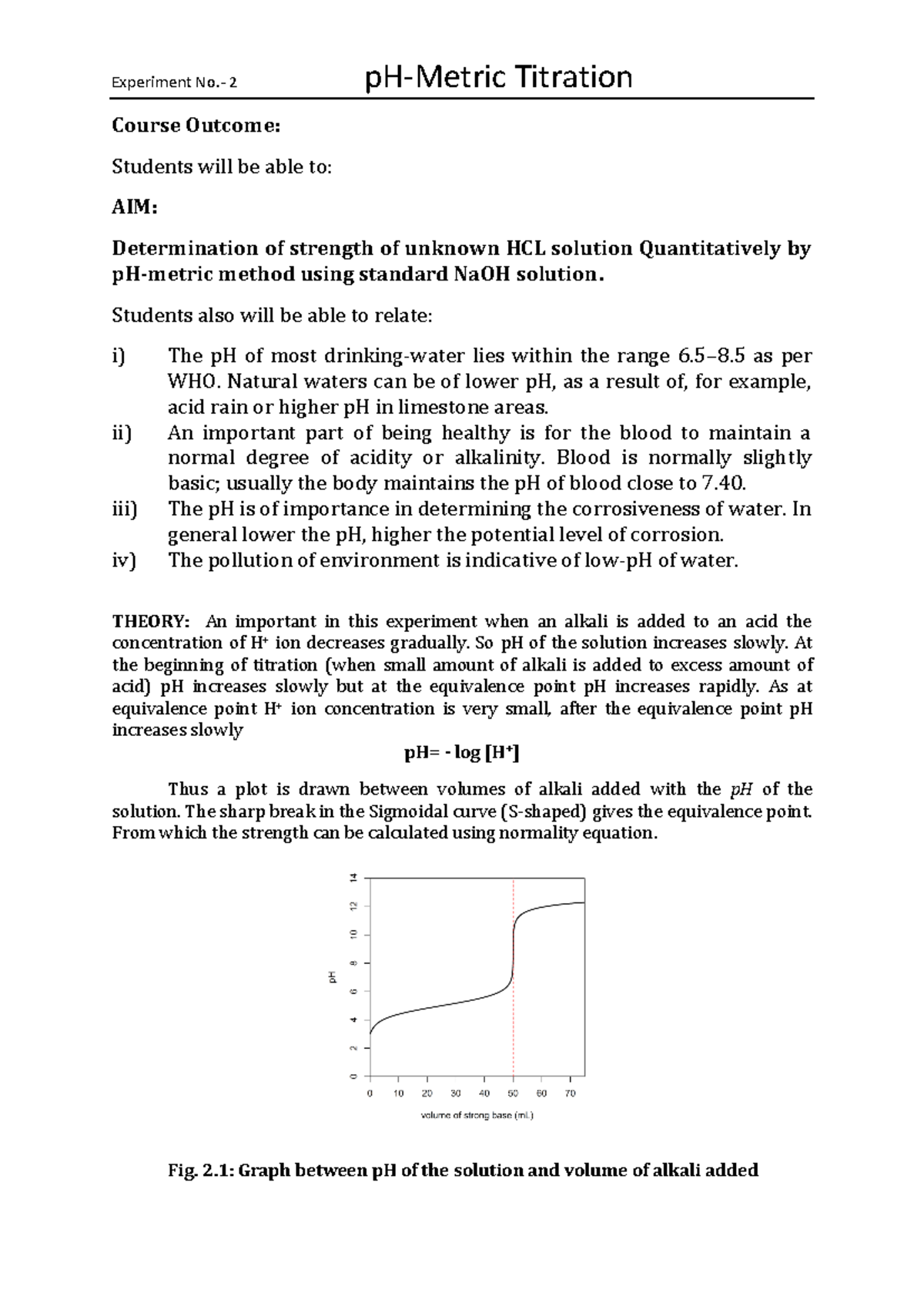 PH metric titration - none - Course Outcome: Students will be able to: AIM: Determination of ...