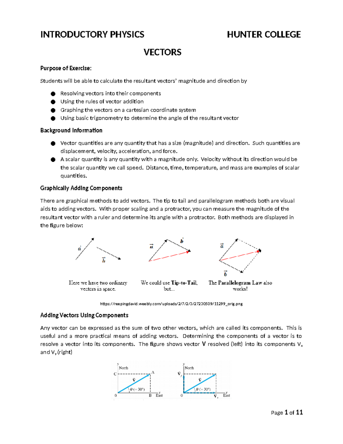 003 Vector Lab Simulation - INTRODUCTORY PHYSICS HUNTER COLLEGE VECTORS ...