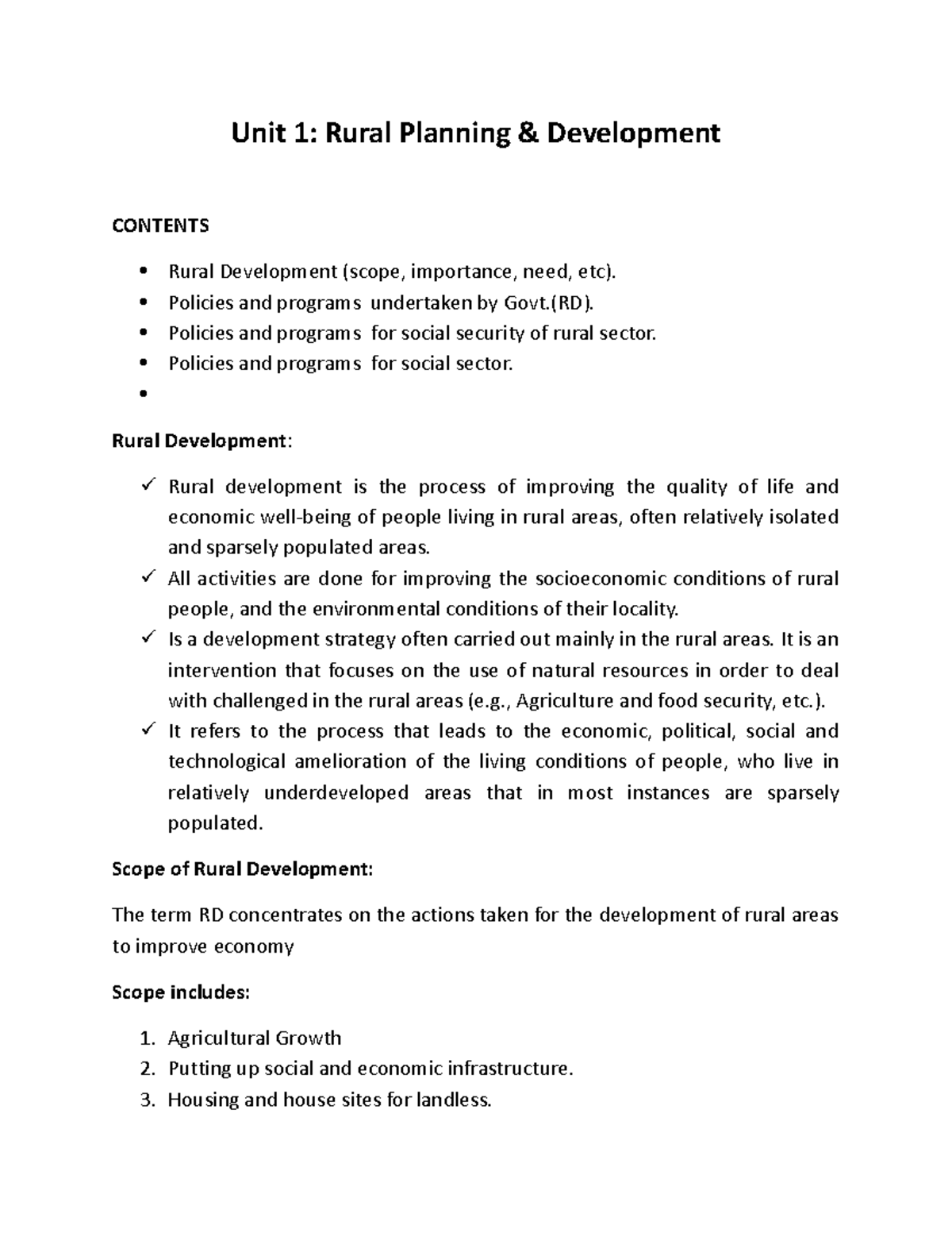 Unit 1 Rural - sfeh - Unit 1: Rural Planning & Development CONTENTS ...