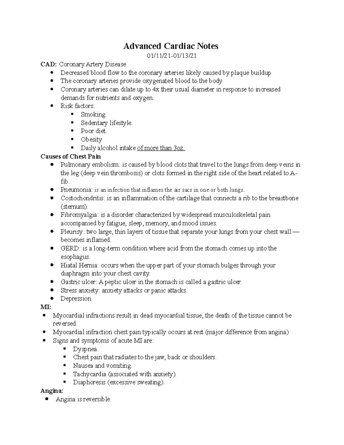 Advanced Notes Week 1 Cardiac - Advanced Cardiac Notes 01/11/21-01/13 ...
