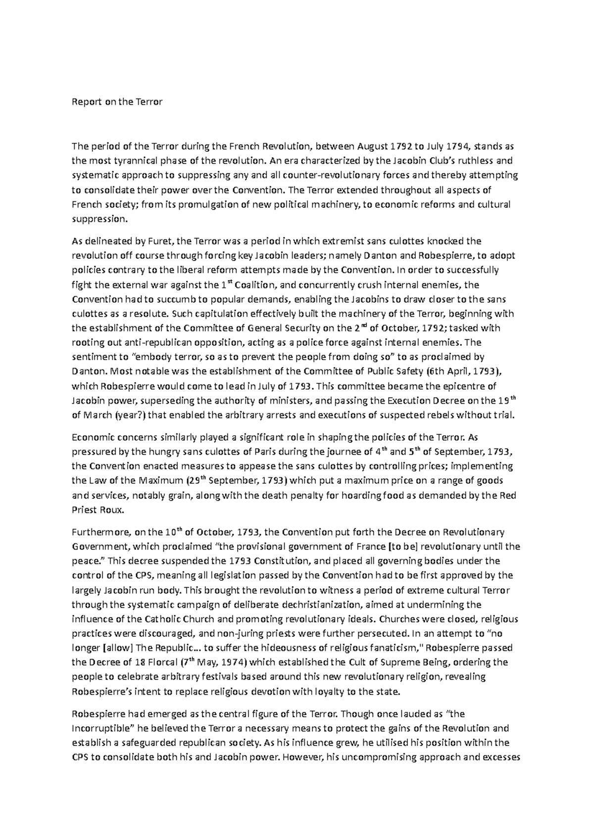 French Terror extended response - Report on the Terror The period of ...