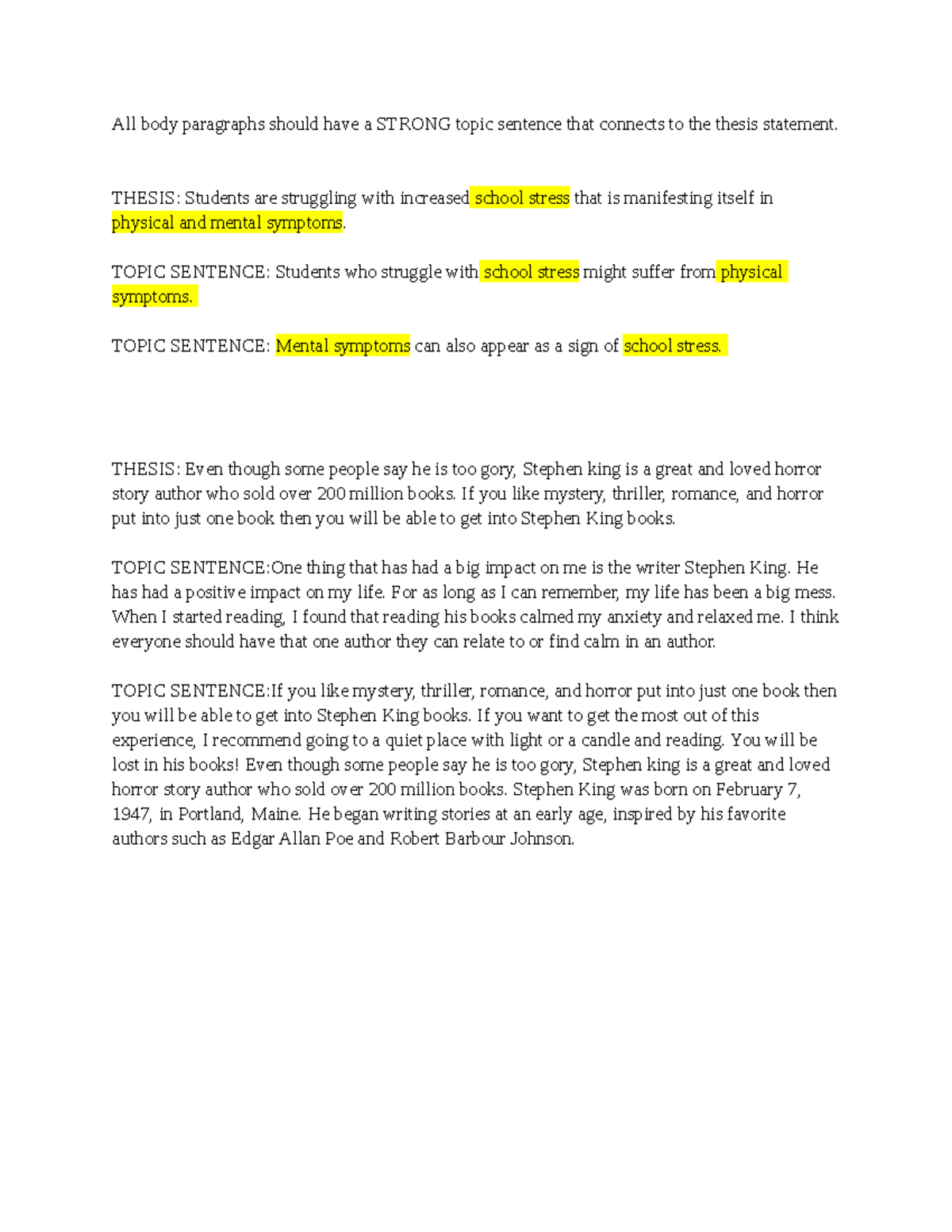 Copy of Topic Sentences - All body paragraphs should have a STRONG ...