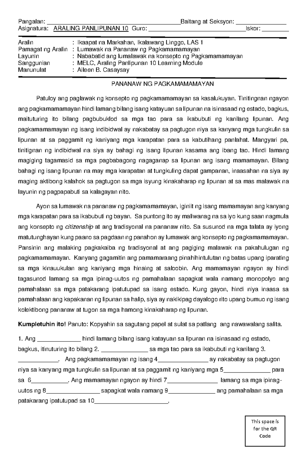 AP10 Q4 W2 LAS1 - LAS - Pangalan: ________________________________________Baitang at Seksyon ...