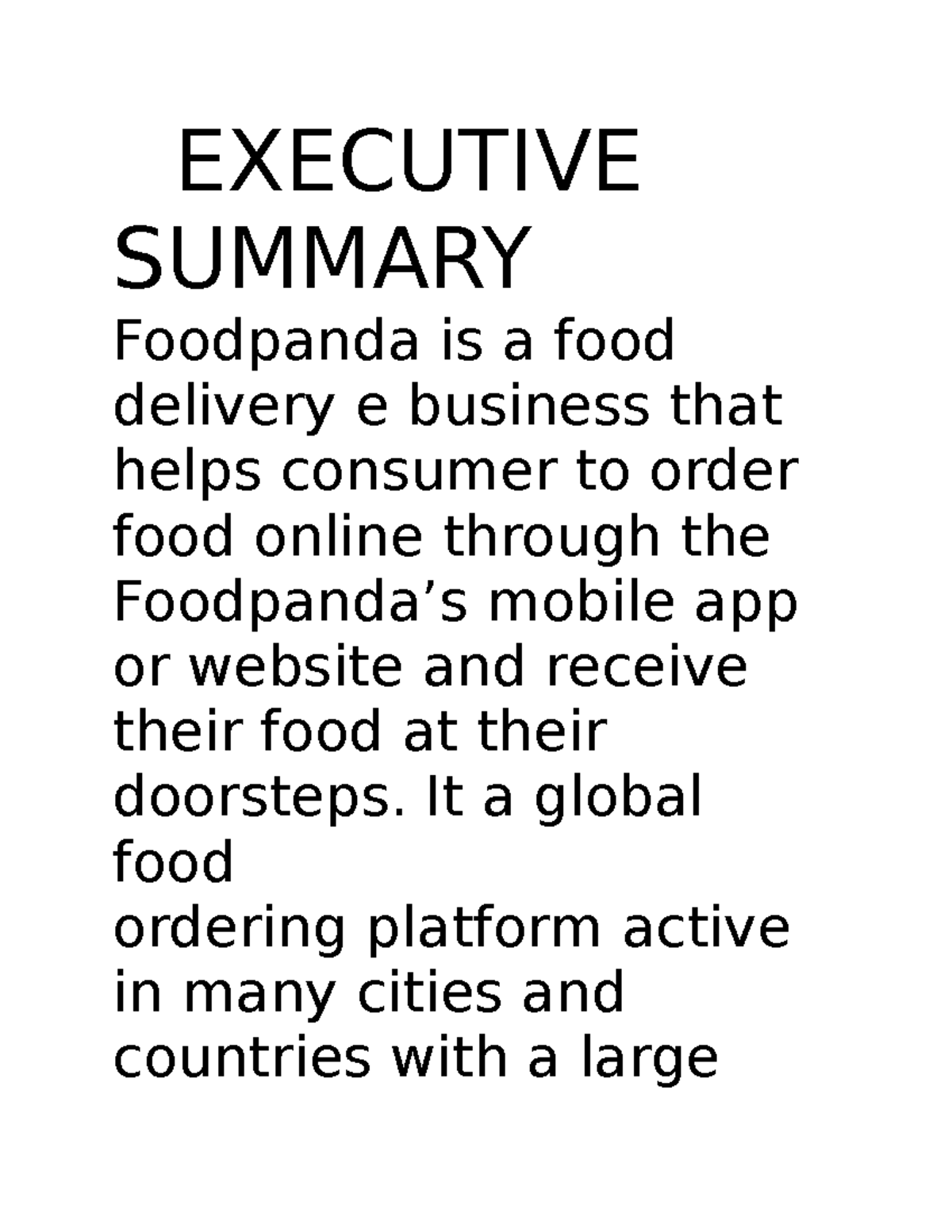 Executive Summary - FEASIBILIT REPORT - EXECUTIVE SUMMARY Foodpanda is ...