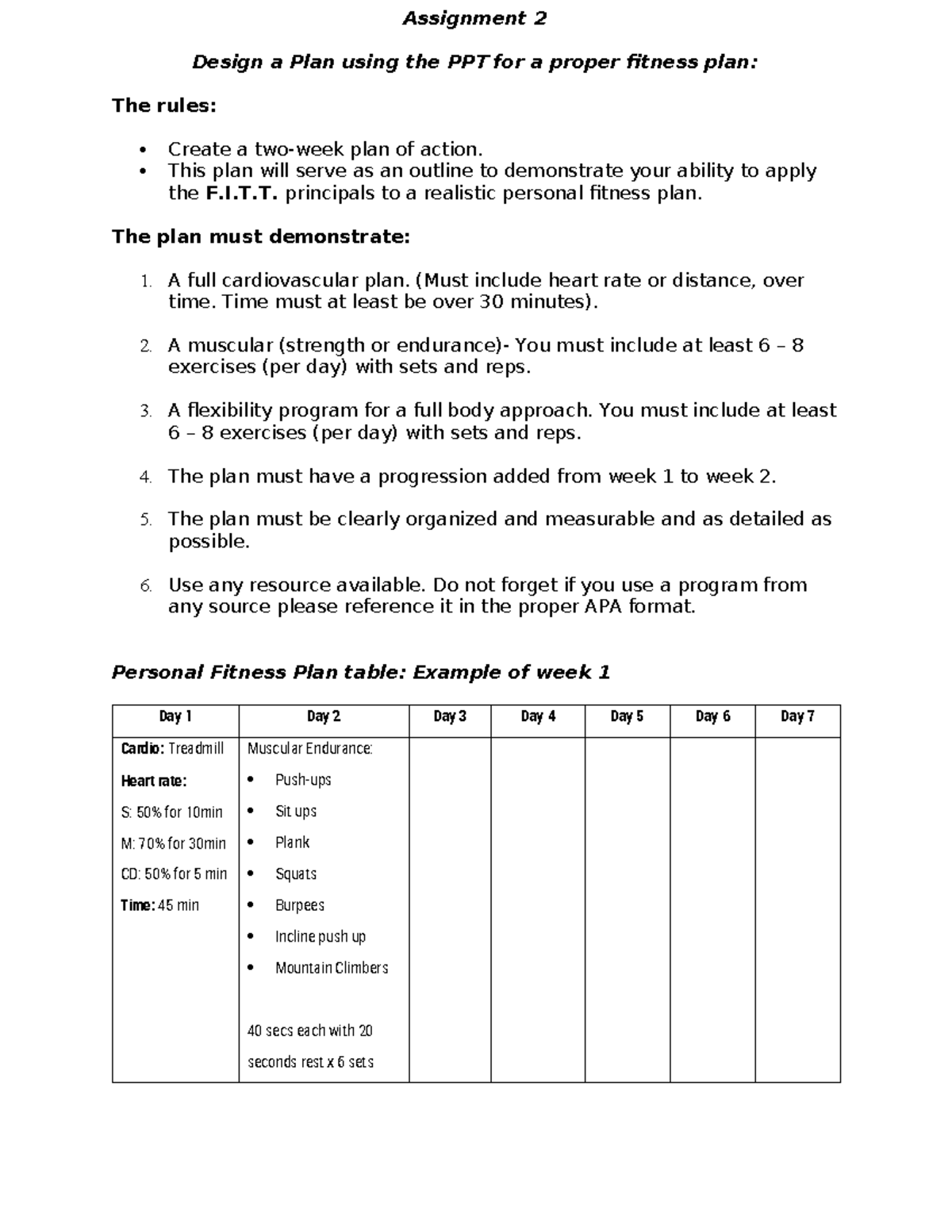Assignment 2 Fitness Plan W2023 - Assignment 2 Design a Plan using the ...