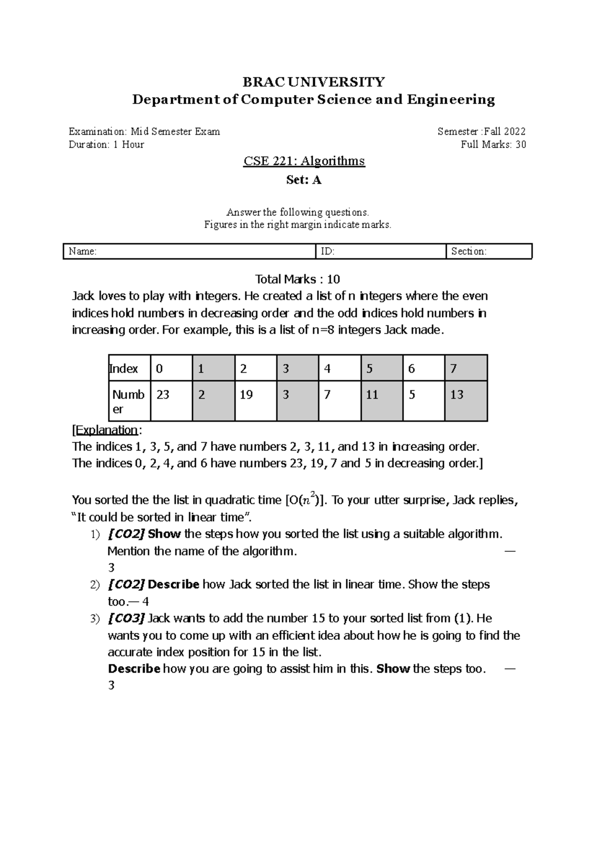 CSE221 midterm question Fall 2022 semester - BRAC UNIVERSITY Department of Computer Science and ...