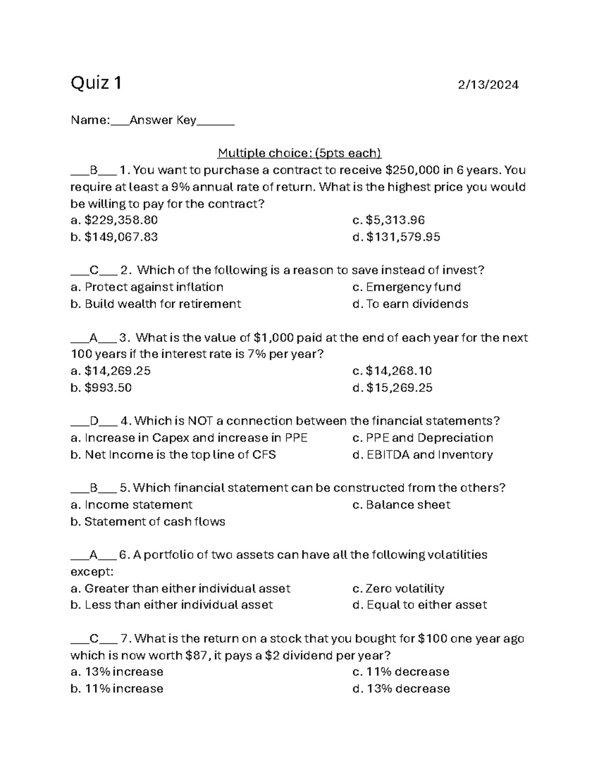 Quiz 1 Answer Key - Quiz 1 2/1 3 / Name:Answer Key___ Multiple choice ...