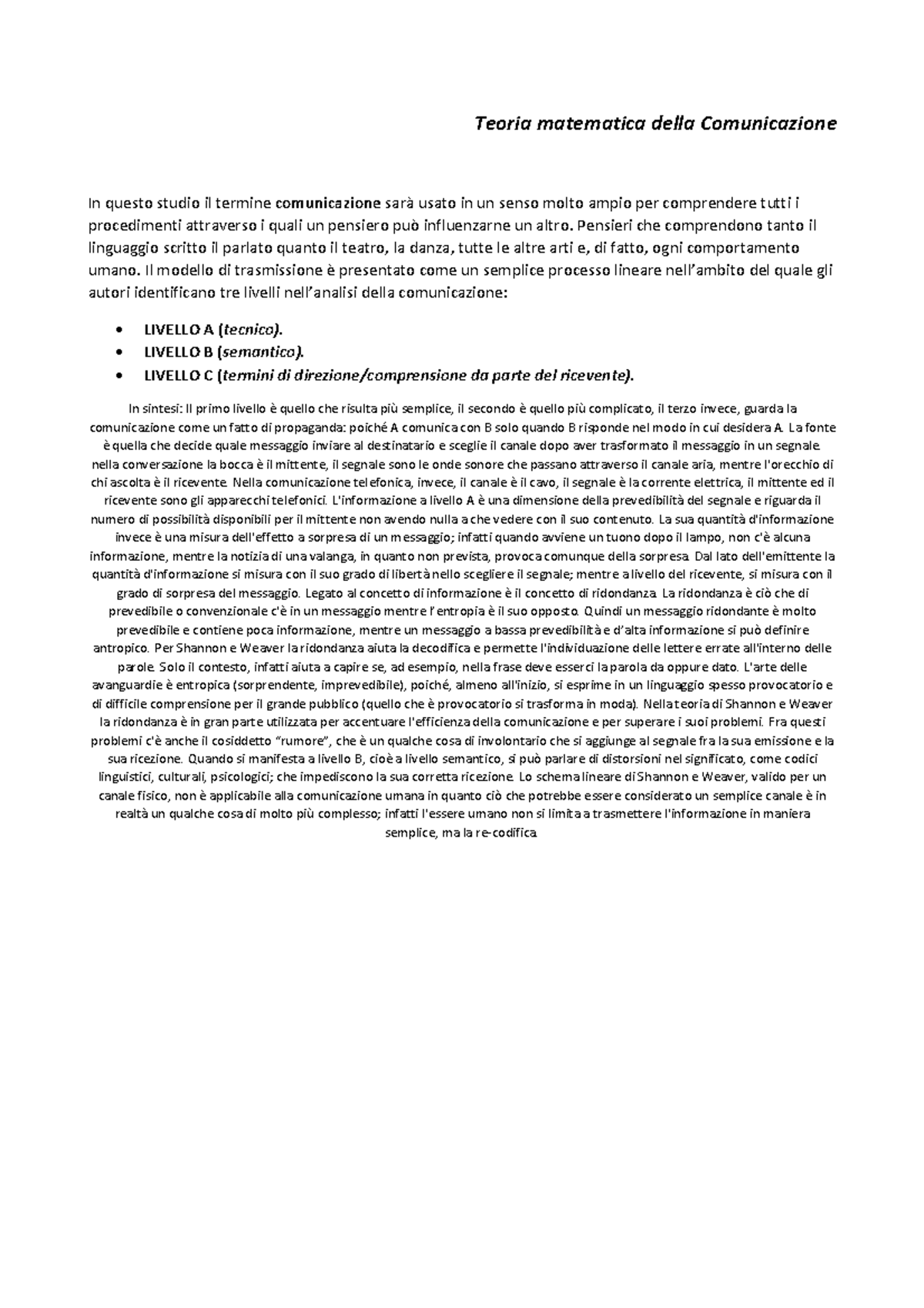 Riassunto Shannon - Warning: TT: undefined function: 32 Teoria matematica della Comunicazione In ...