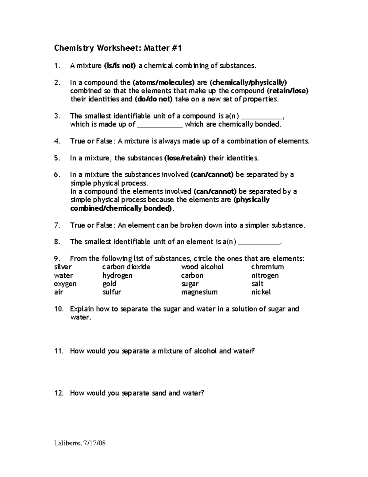 Matter worksheet - Some classifying notes to help you study - Laliberte ...