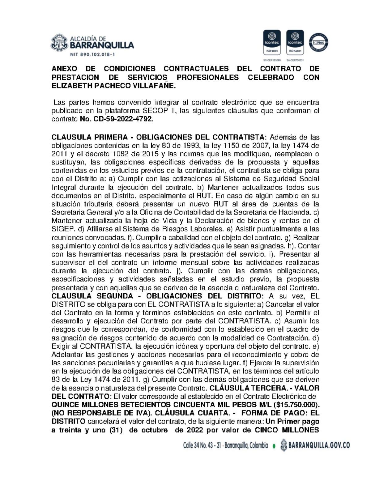 Anexo DE Condiciones Contractuales Elizabeth Pacheco Villafañe - ANEXO ...