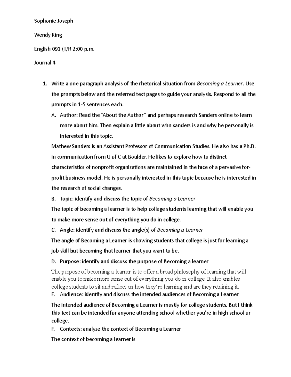 Journal 4 - Sophonie Joseph Wendy King English 091 (T/R 2:00 p. Journal ...