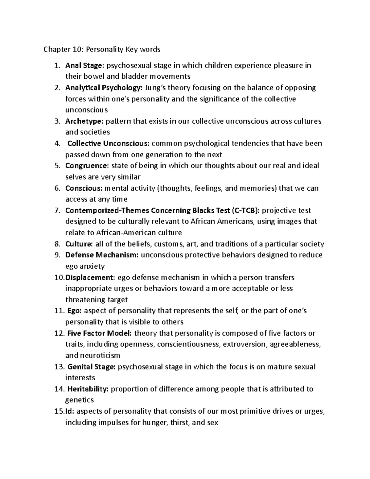 Chapter 10 Personality - Chapter 10: Personality Key words Anal Stage ...
