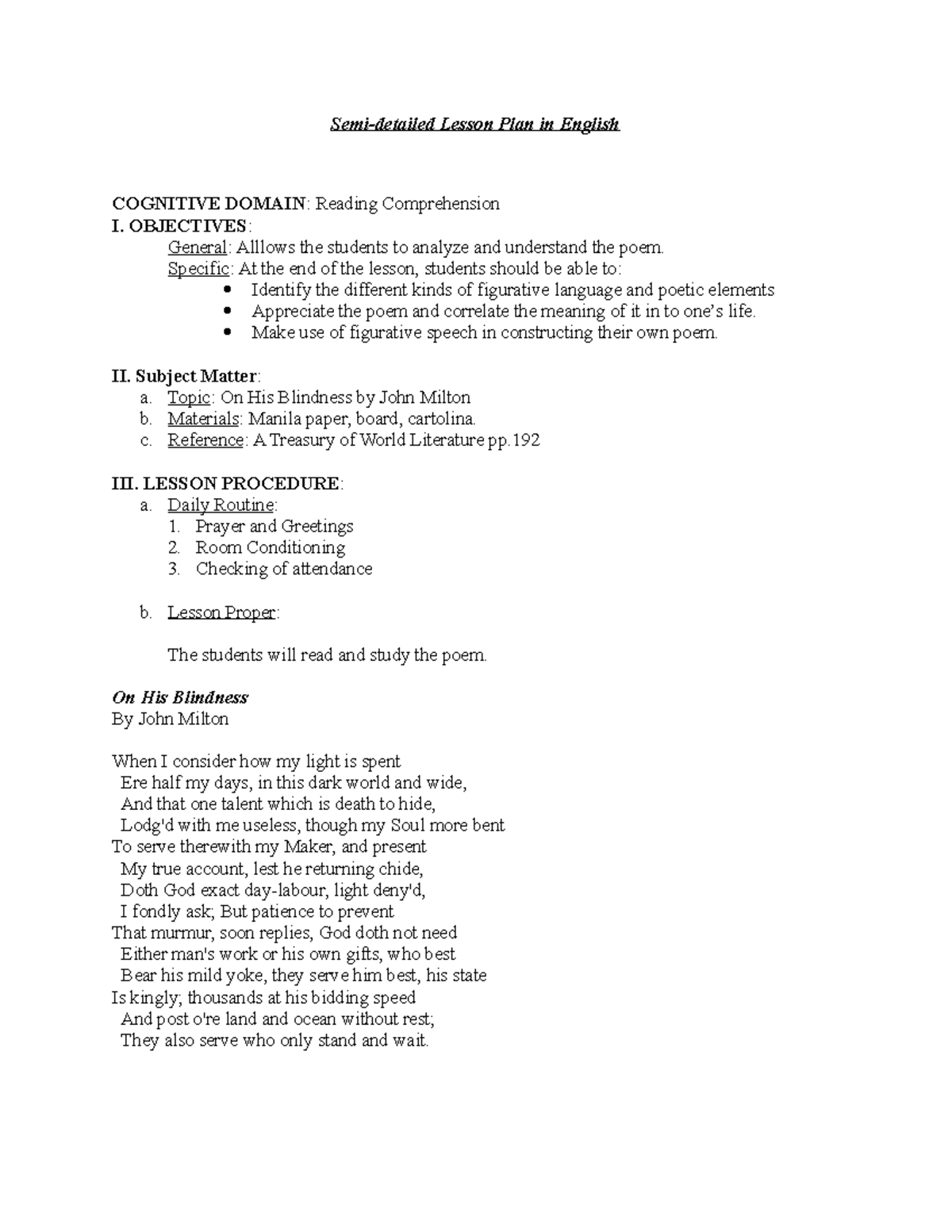 Lesson-plan - Semi-detailed Lesson Plan - Semi-detailed Lesson Plan in ...