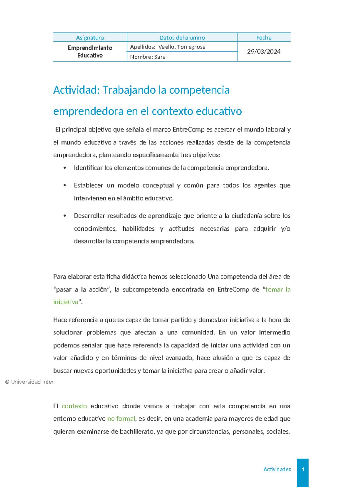 Emprendimiento educativo Act1 - © Universidad Internacional de La Rioja (UNIR) Asignatura Datos ...
