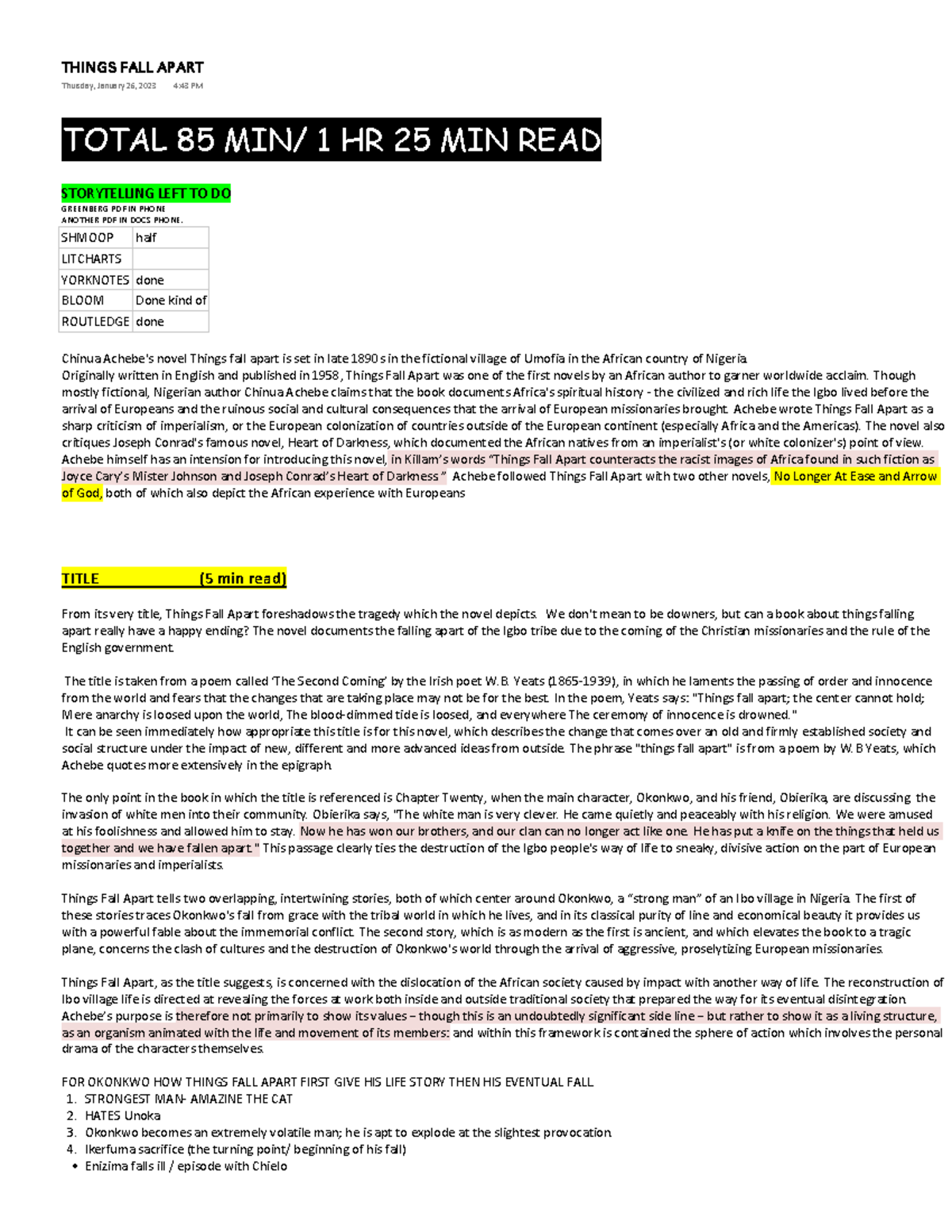 Things fall apart' - themes, character sketches, - TOTAL 85 MIN/ 1 HR 25 MIN READ ####### - Studocu