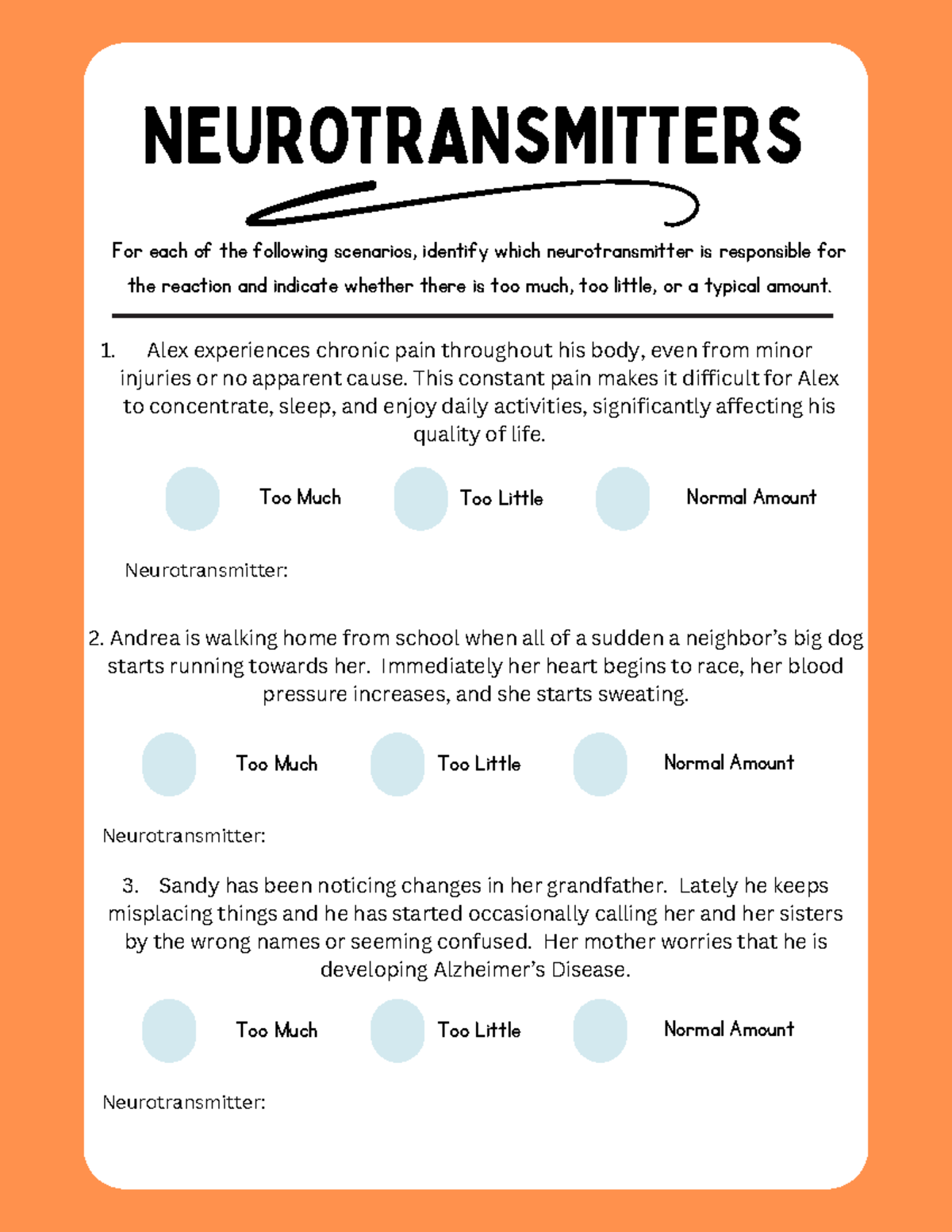 Neurotransmitters Assignment - Too Little Alex experiences chronic pain ...