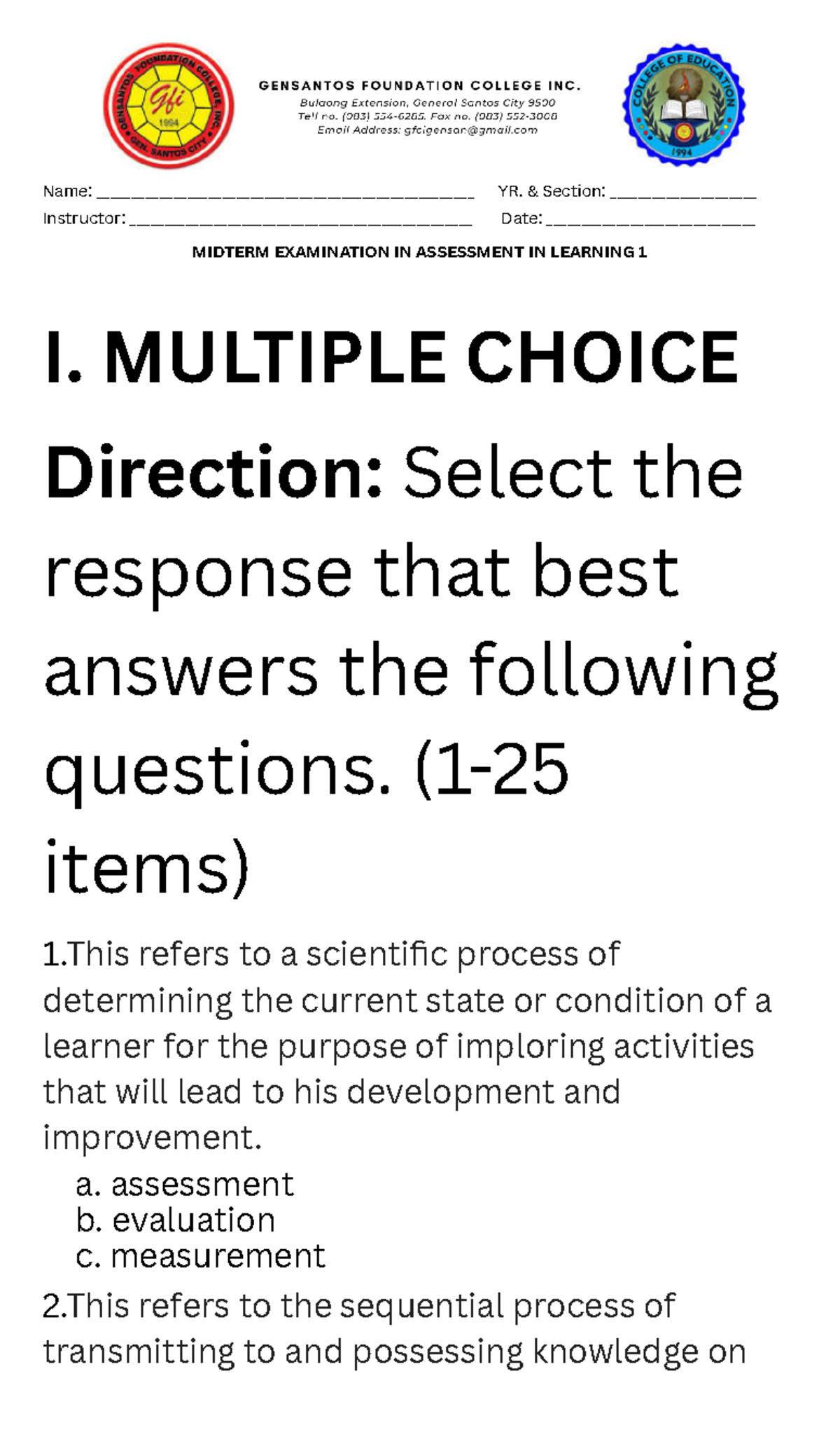 ASL 1- Midterm 2023 - Name ...
