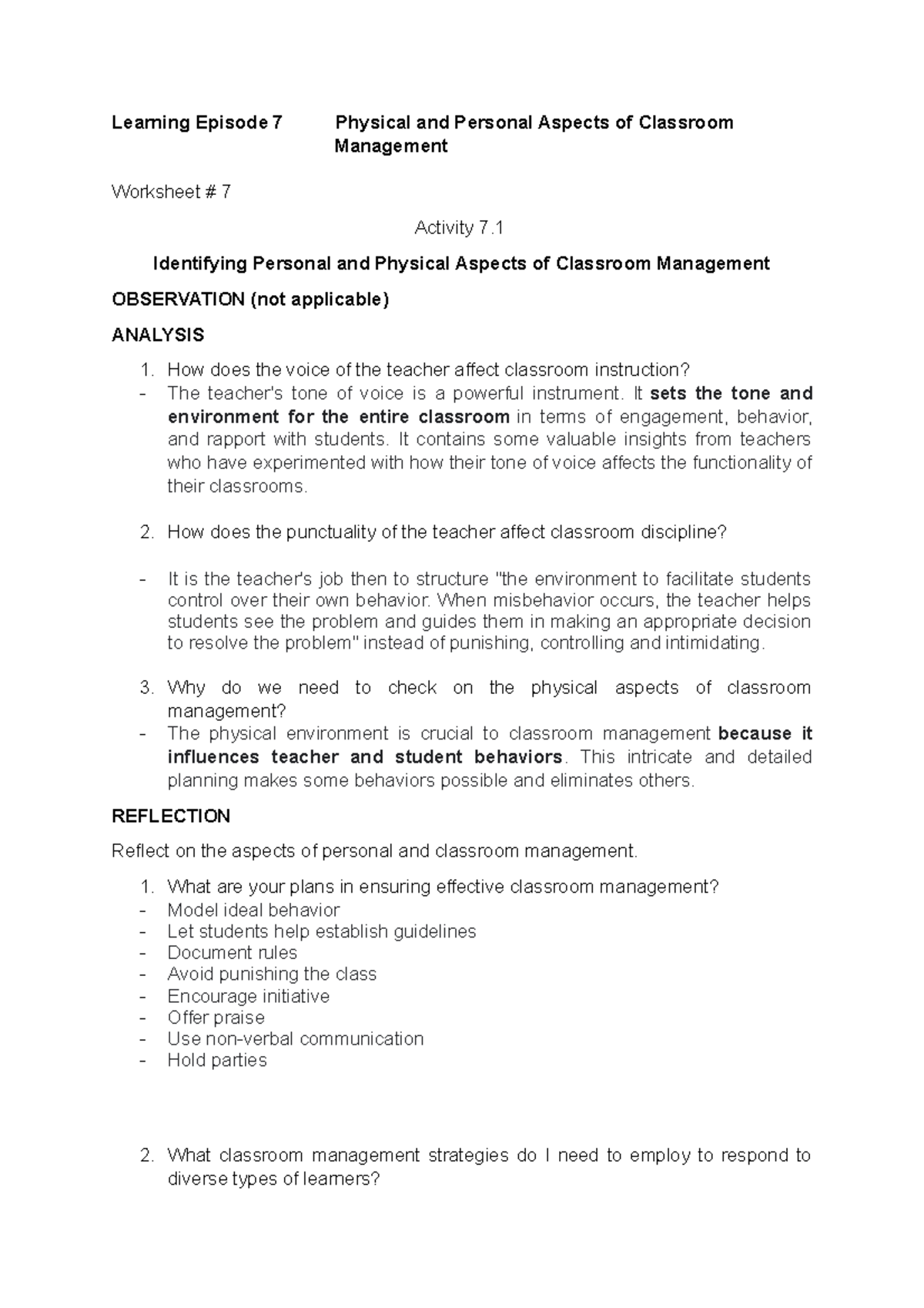 Learning Episode 7 Physical and Personal Aspects of Classroom ...