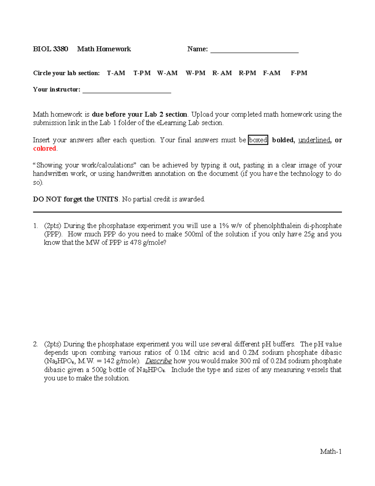 BIOL 3380 Math Homework: Lab 2 Submission Guidelines and Problems - BIOL 3380 Math Homework Name ...