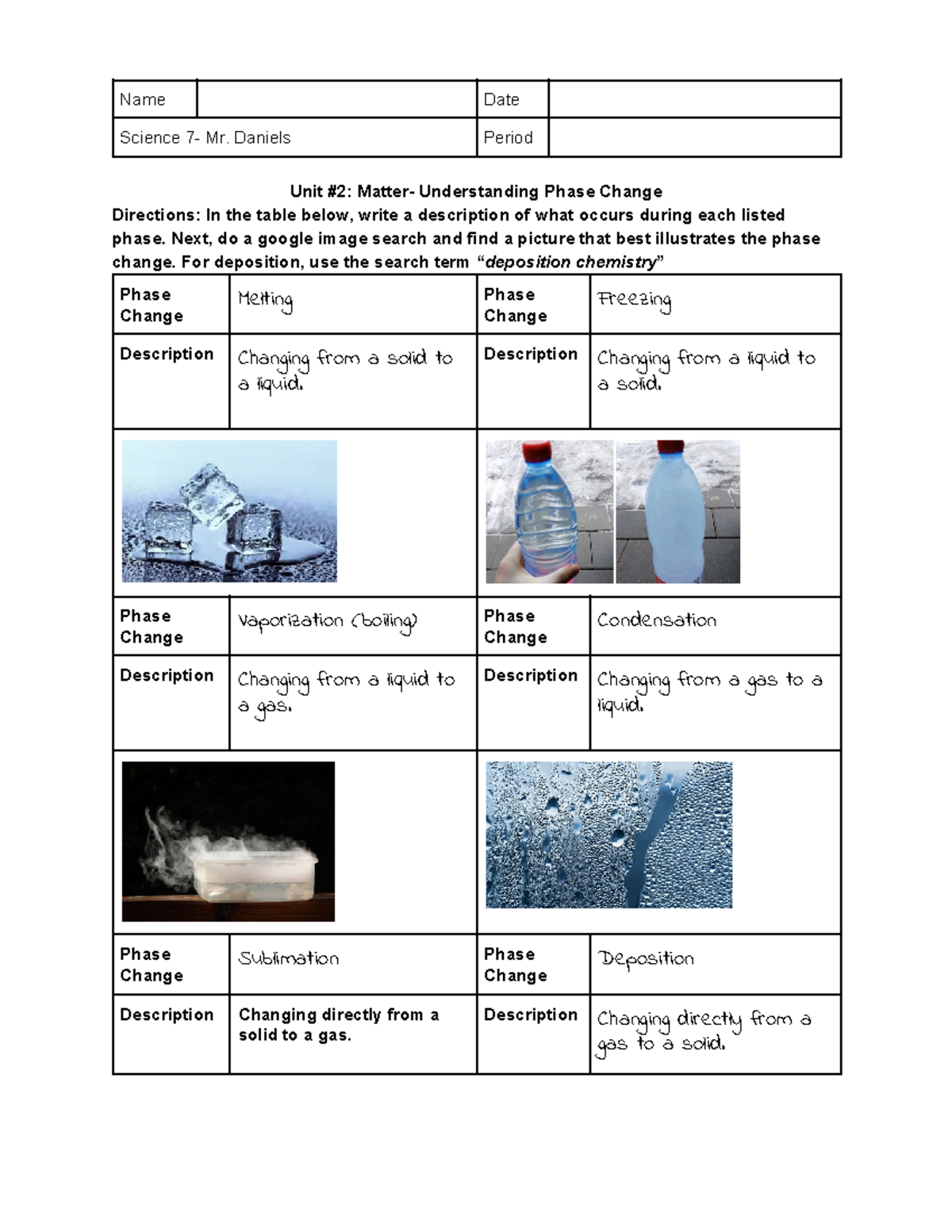 6.2a Phase Change WS - Name Date Science 7- Mr. Daniels Period Unit #2 ...