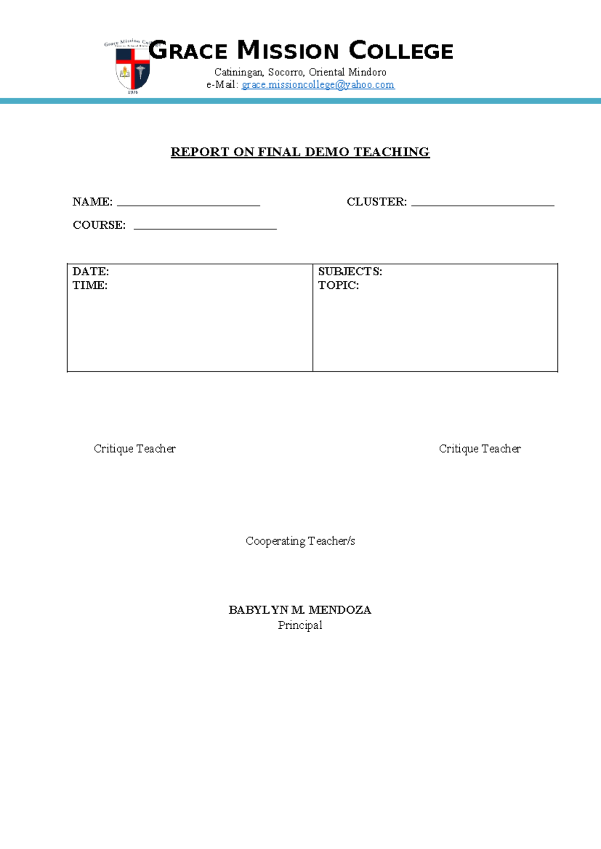 Report on final demo teaching - General Education - GRACE MISSION ...