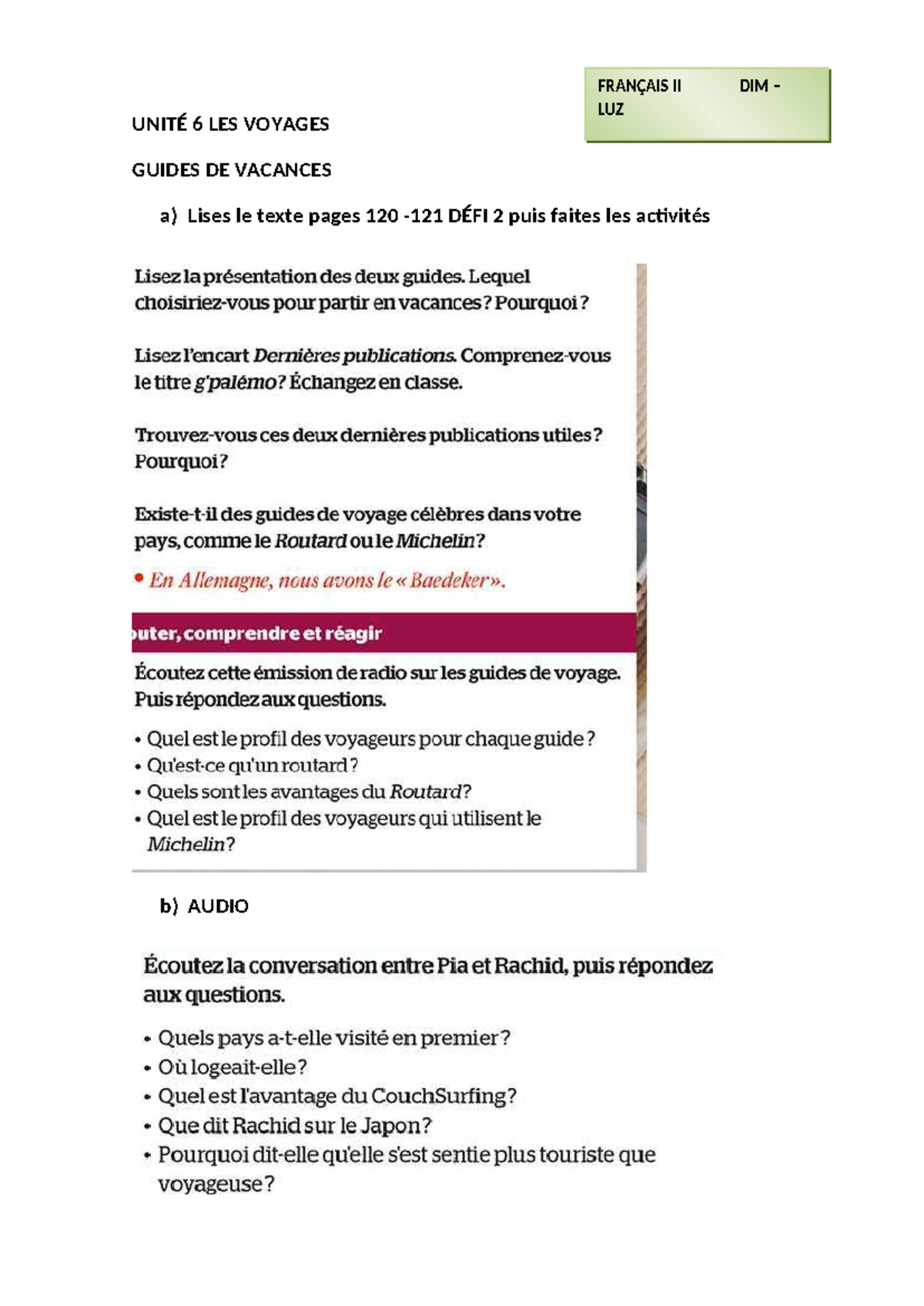 Guides DE Vacances - Francés III - UNITÉ 6 LES VOYAGES GUIDES DE ...