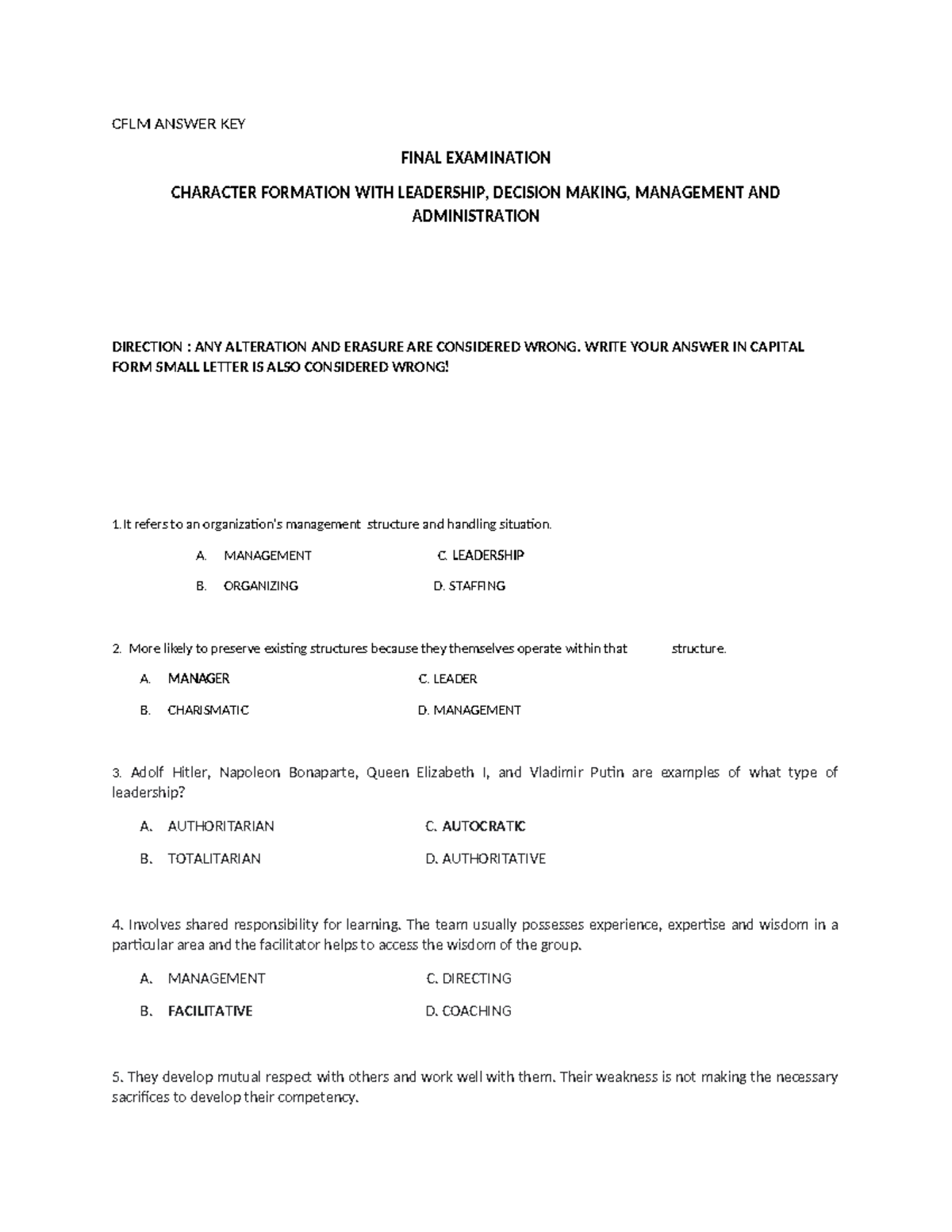 CFLM- Answer-KEY - Read to gain knowledge - CFLM ANSWER KEY FINAL EXAMINATION CHARACTER ...
