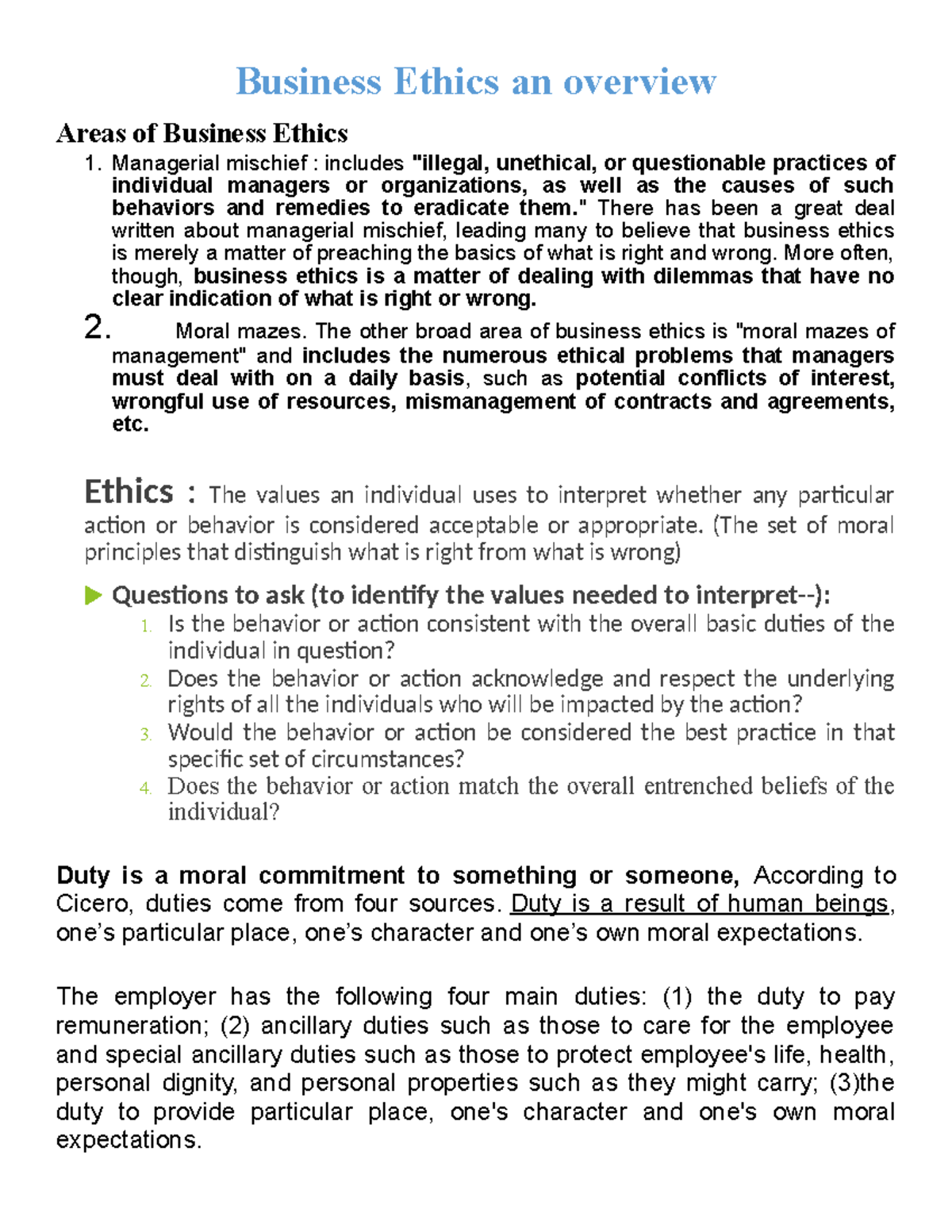 Buisness and ethics all subject - Business Ethics an overview Areas of ...